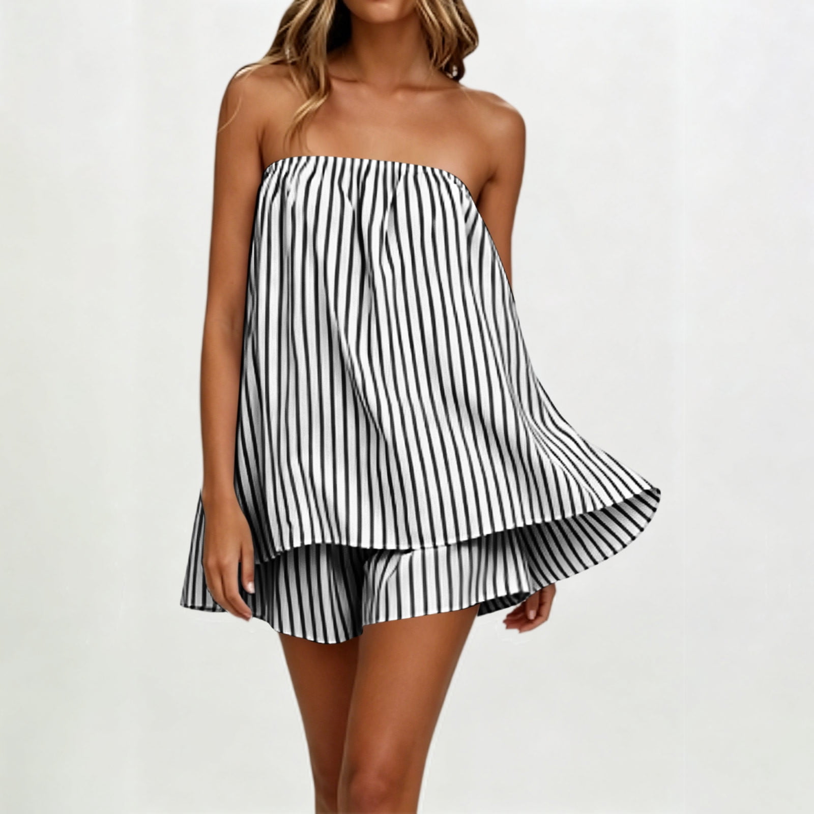 Uootdi Short Sets for Women Summer Strapless Striped Print Top High ...