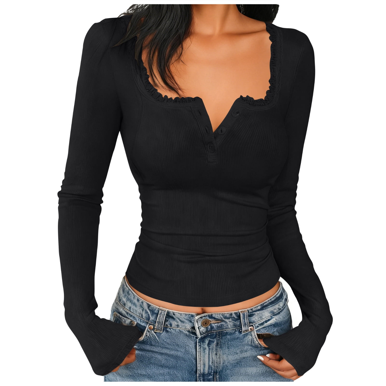 Uootdi Square Neck Long Sleeve Shirts for Women Cropped Y2K Gothic ...