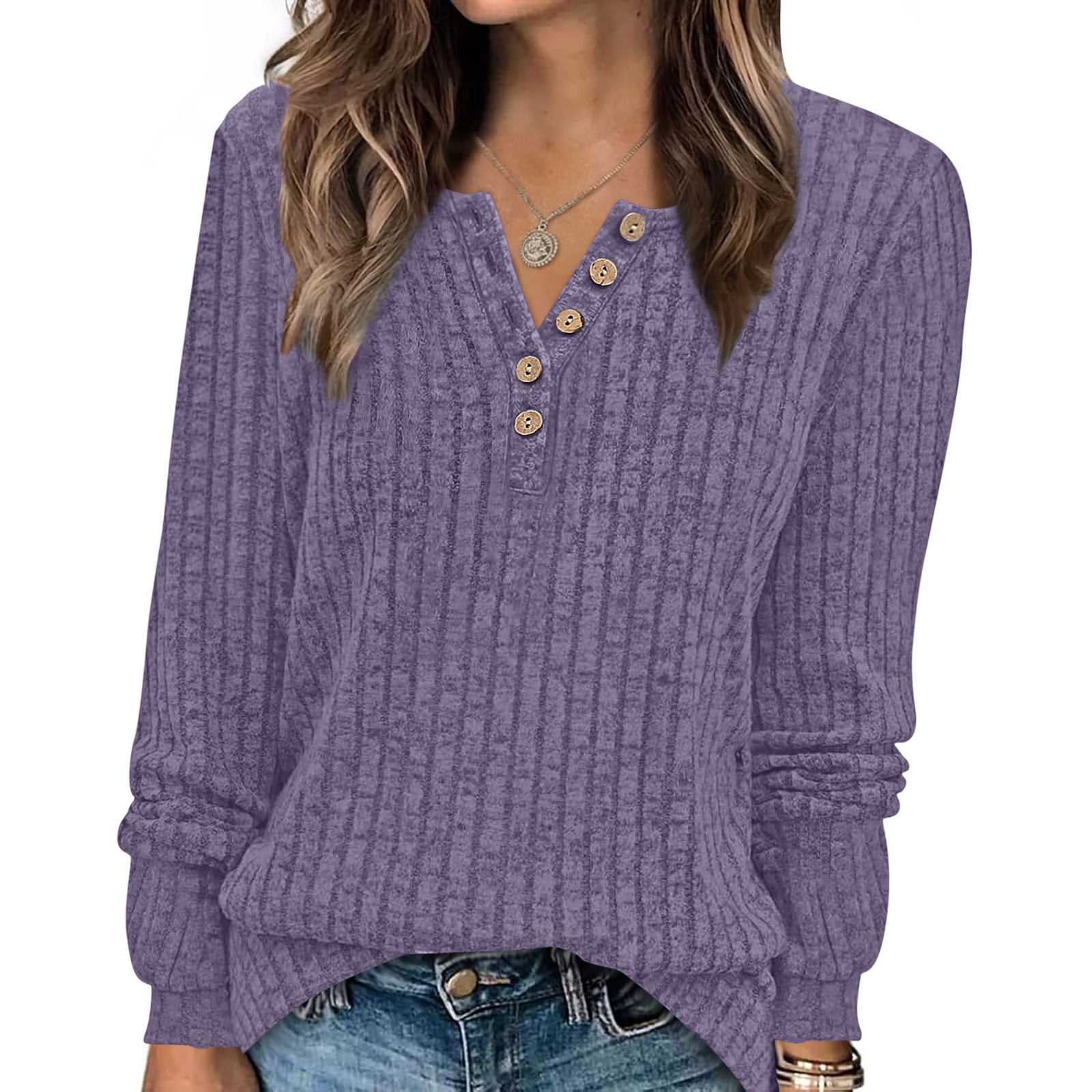 Uootdi Sweater for Women Henley V Neck Button Down Long Sleeve Shirts ...