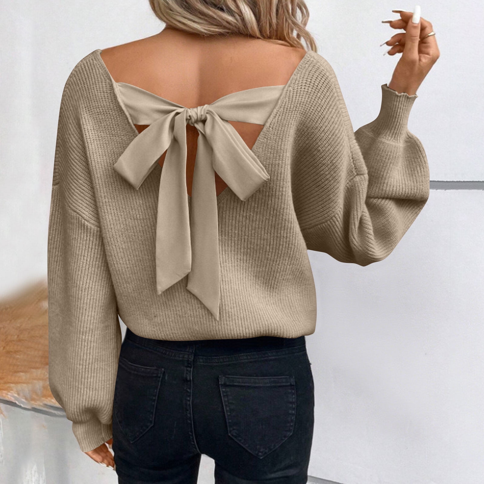Uootdi Sweaters for Women V Neck Long Sleeve Backless Bow Sweater ...