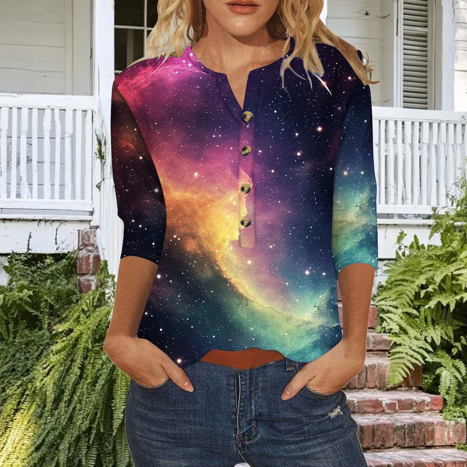 Uootdi Tie Dye Galaxy Print 3/4 Sleeve Henley Shirts for Women V Neck ...