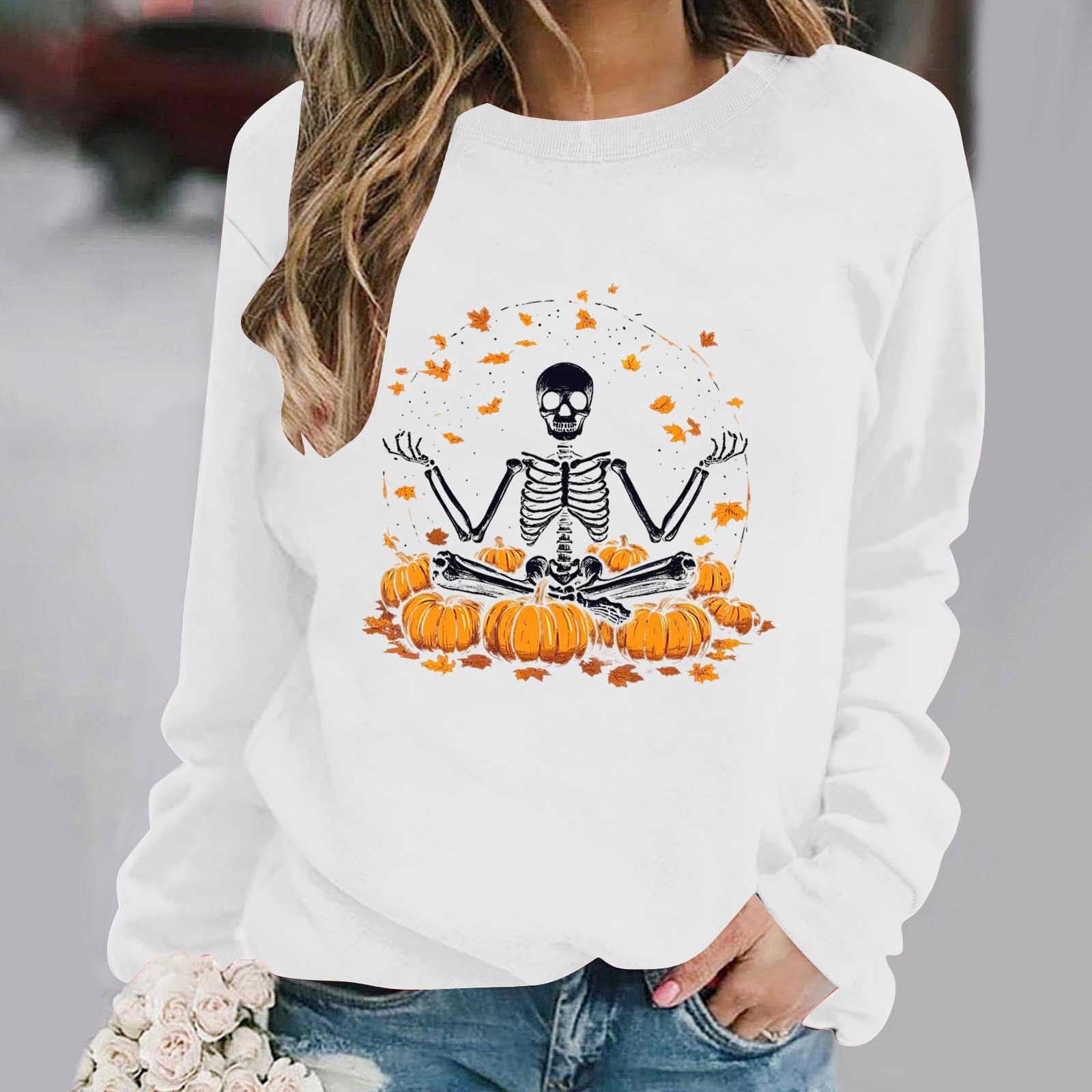 Uootdi Women's Black Crew Neck Sweatshirt with Halloween - themed Print ...