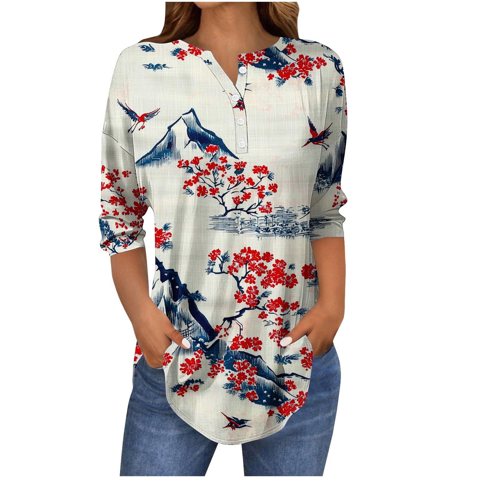 Uootdi Women's Boho Japanese Landscape Print Buttoned Half - Sleeve ...