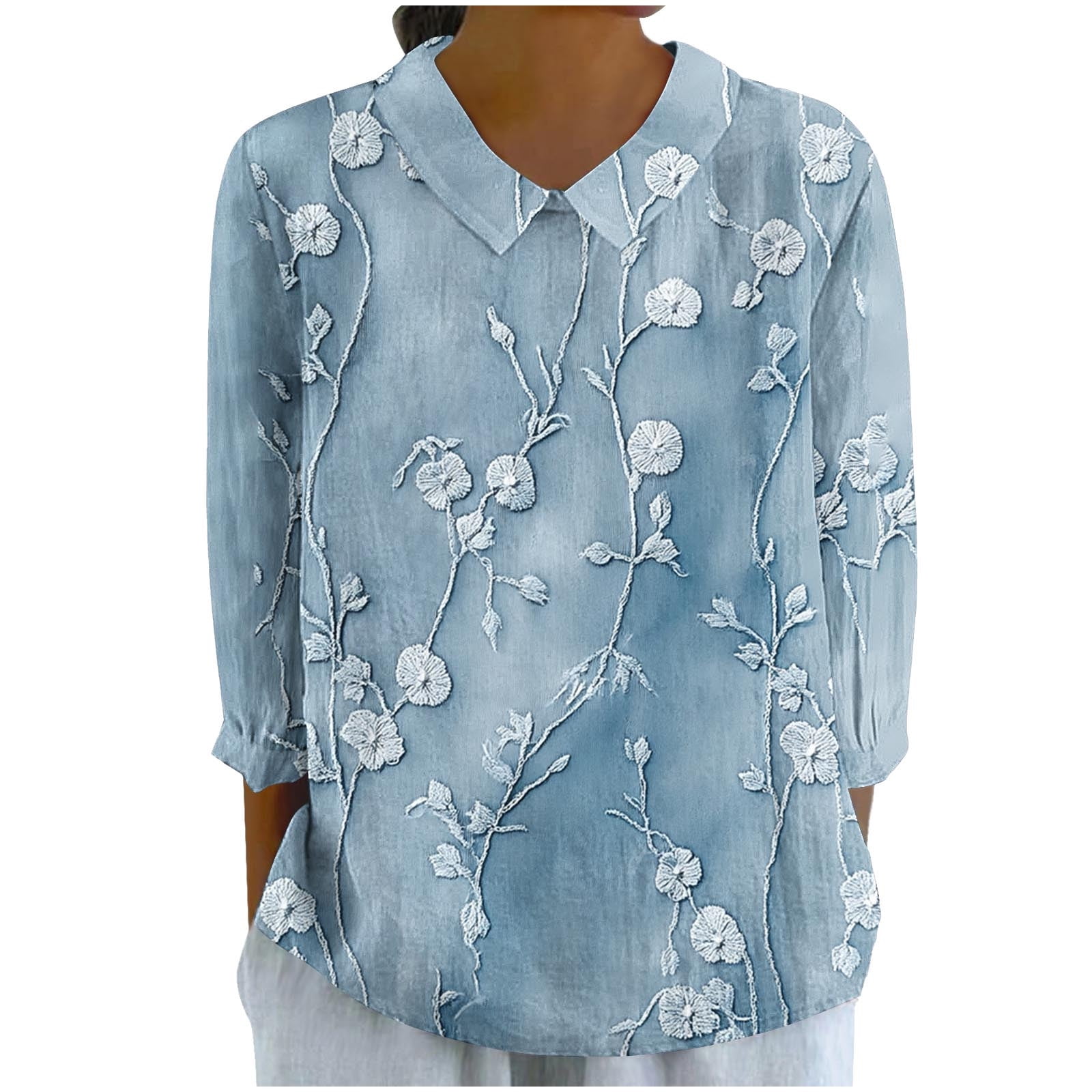 Uootdi Women's Floral Embroidered Collared Half - Sleeve Loose Fit ...