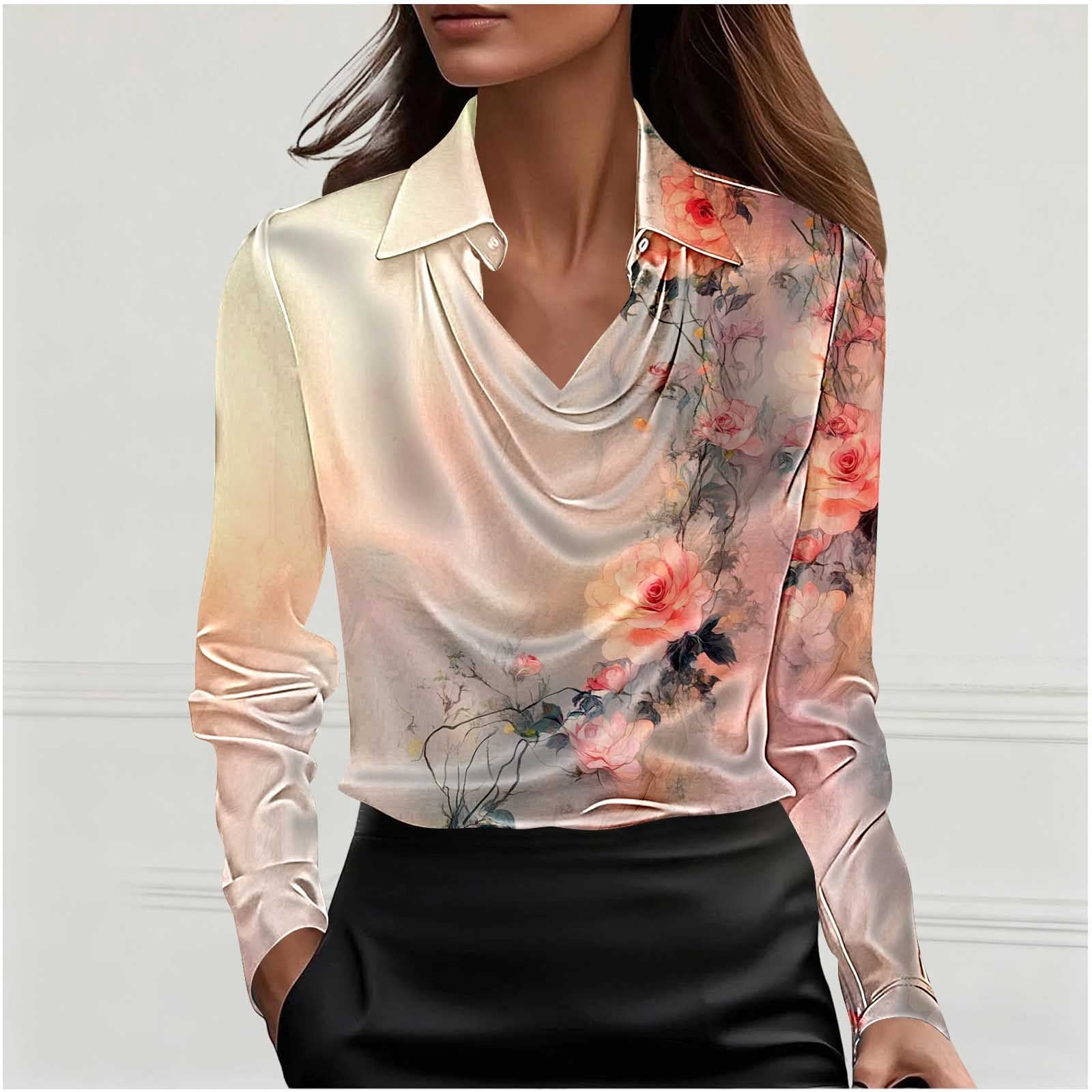 Uootdi Women's Floral Print Satin Cowl Neck Long Sleeve Shirts Dressy ...