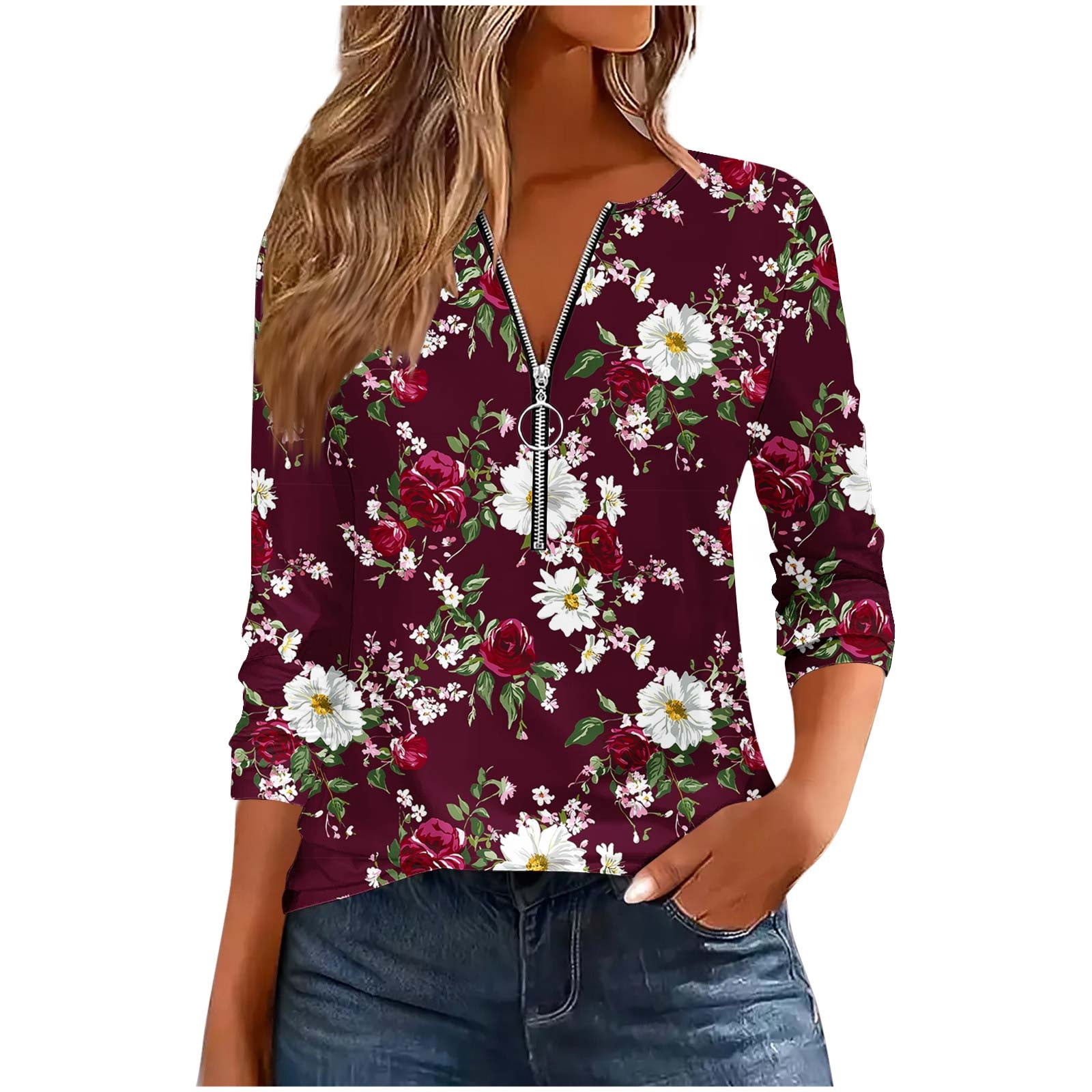 Uootdi Women's Floral Print Zip - Neck Top,Long Sleeve, Casual Loose ...