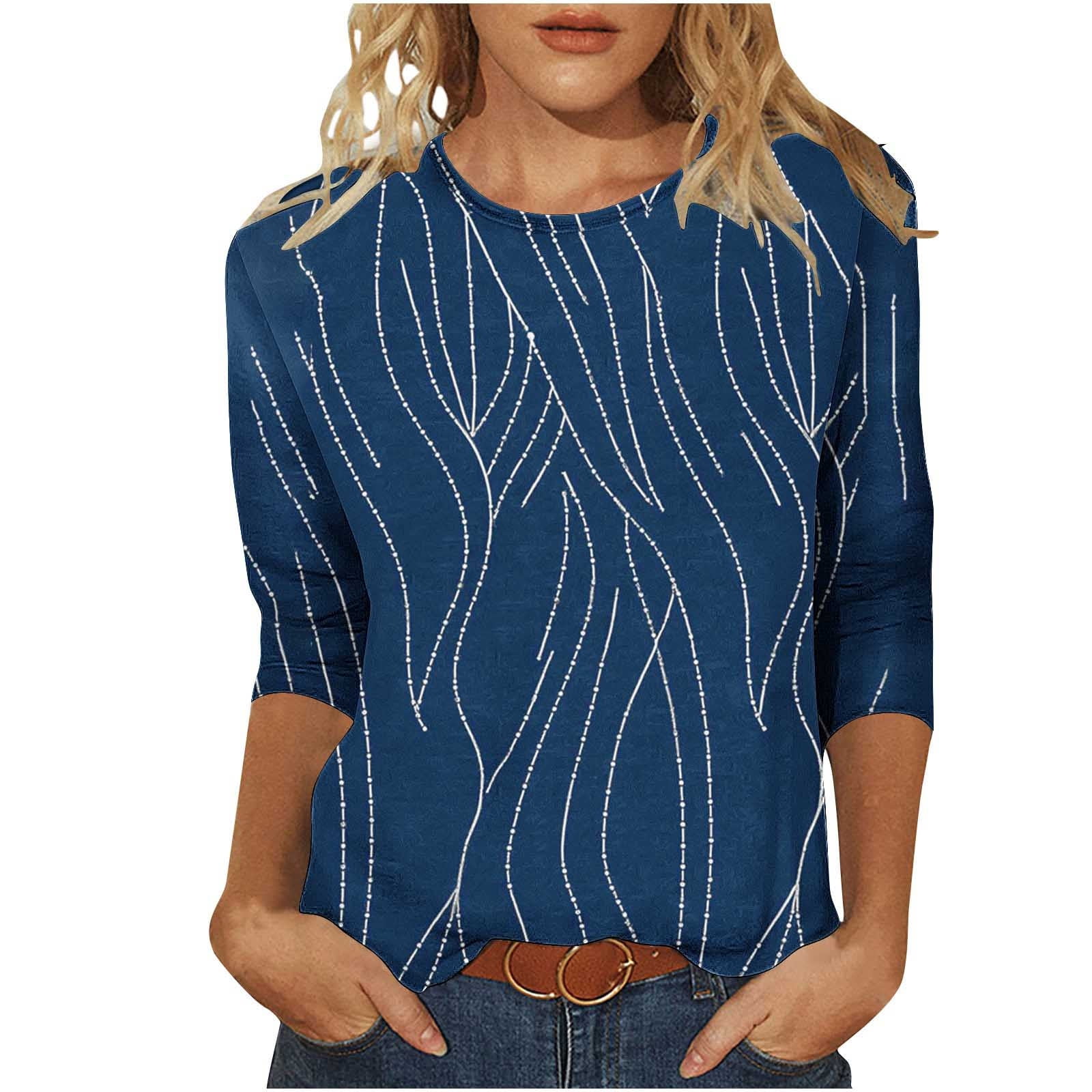 Uootdi Women's Line Print Crew Neck Top, 3/4 Sleeves Abstract Wave ...
