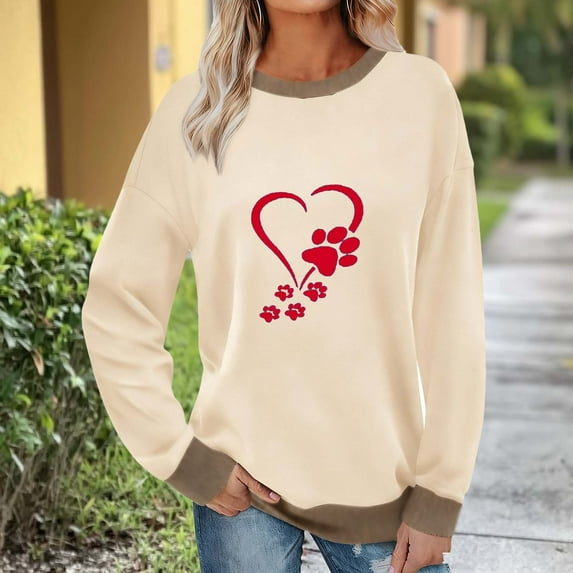 Uootdi Womens Cute Print Daily Long Sleeve Shirts Round Neck Letter ...