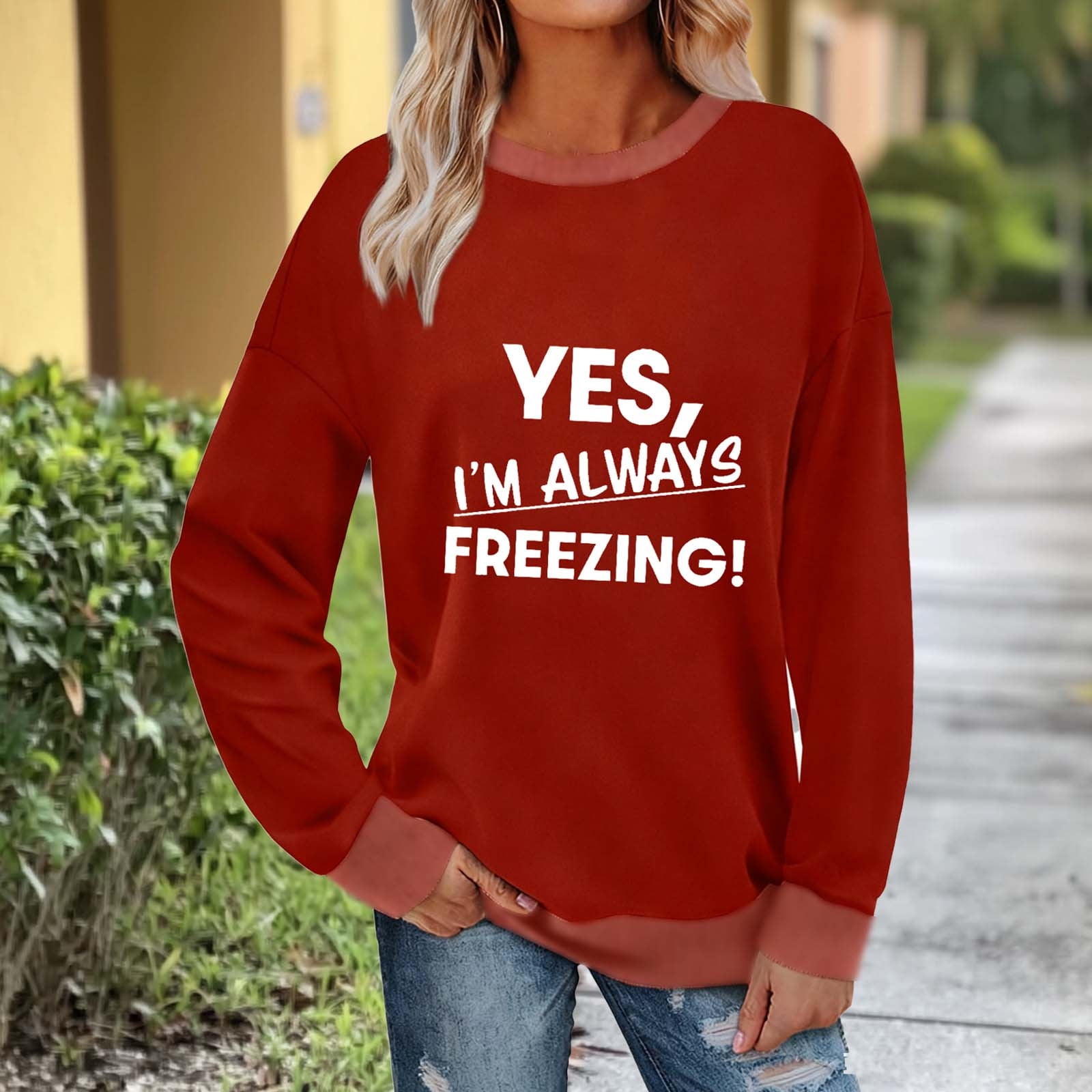 Uootdi Womens Cute Print Daily Long Sleeve Shirts Round Neck Letter ...