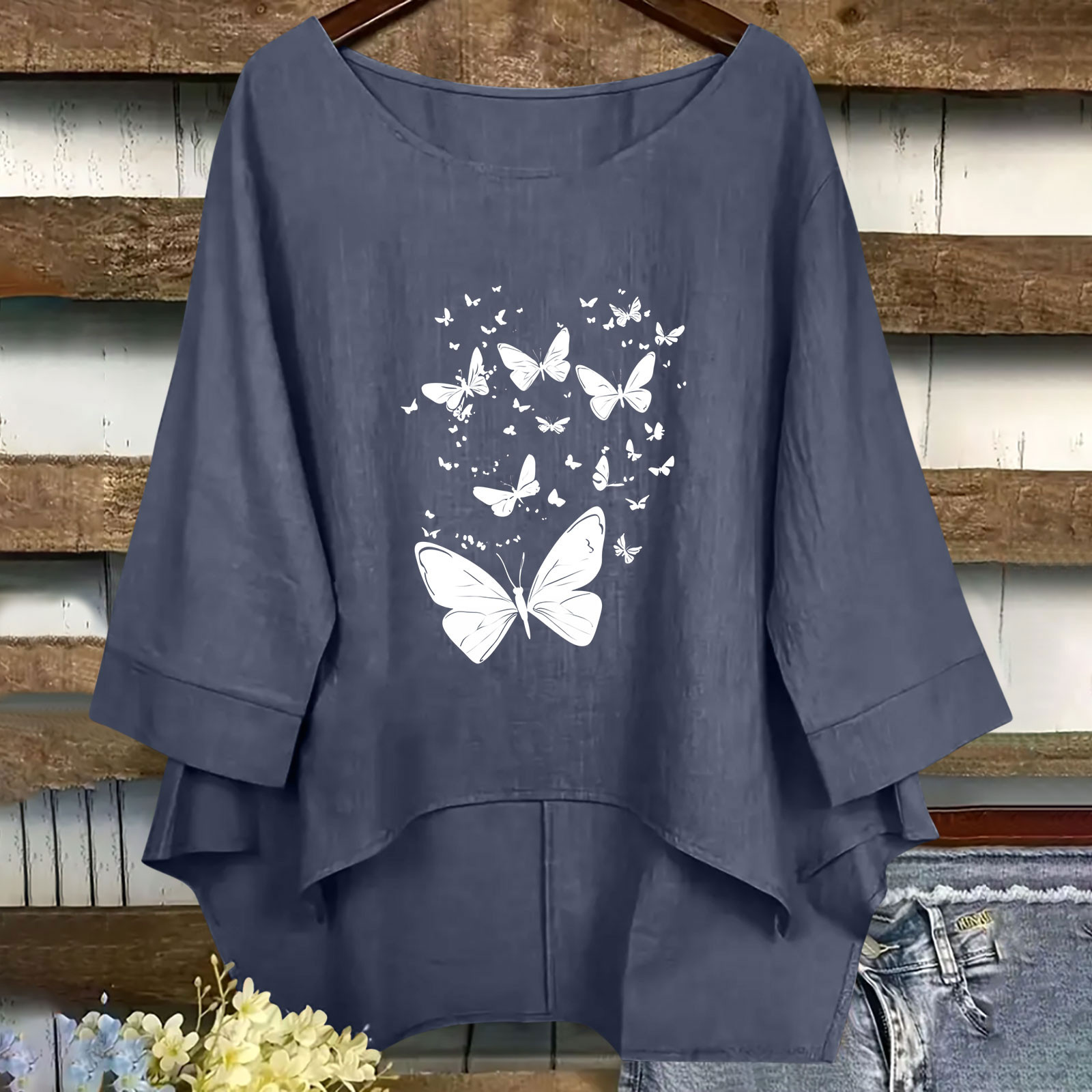Uootdi Womens Linen Tops Floral Print 3/4 Sleeve Shirts Summer Boho ...