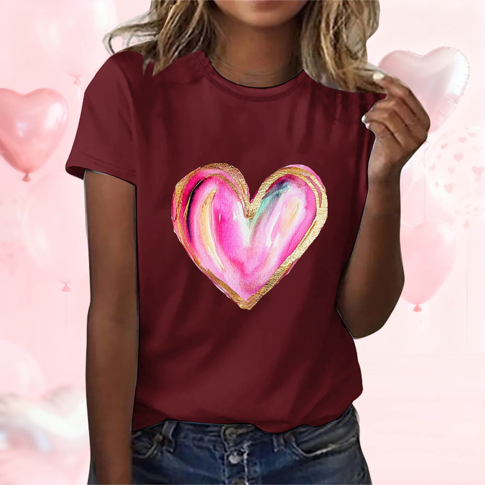 Uootdi Womens Love Heart Printed Tops V Neck Short Sleeve T Shirts ...