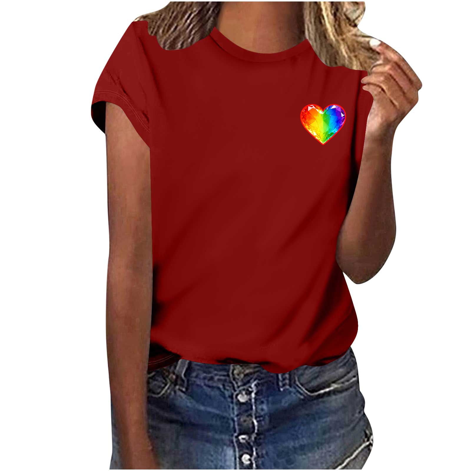 Uootdi Womens Love Heart Printed Tops V Neck Short Sleeve T Shirts ...
