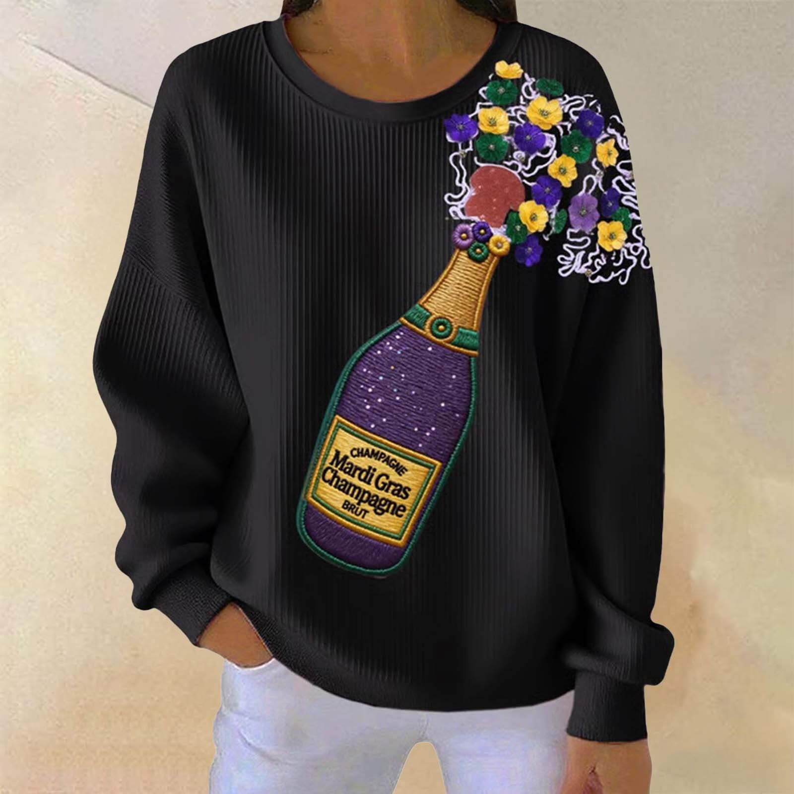 Uootdi Womens Mardi Gras Sweatshirts Ribbed Knit Mask Print Relaxed Fit ...