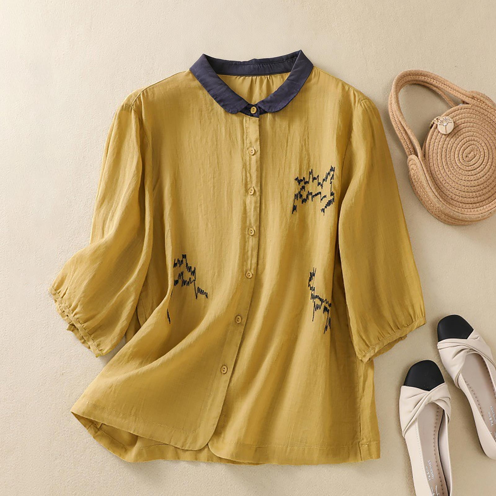 Uootdi Womens Tops Trendy Cotton Linen 3/4 Sleeve Blouse Contrast ...