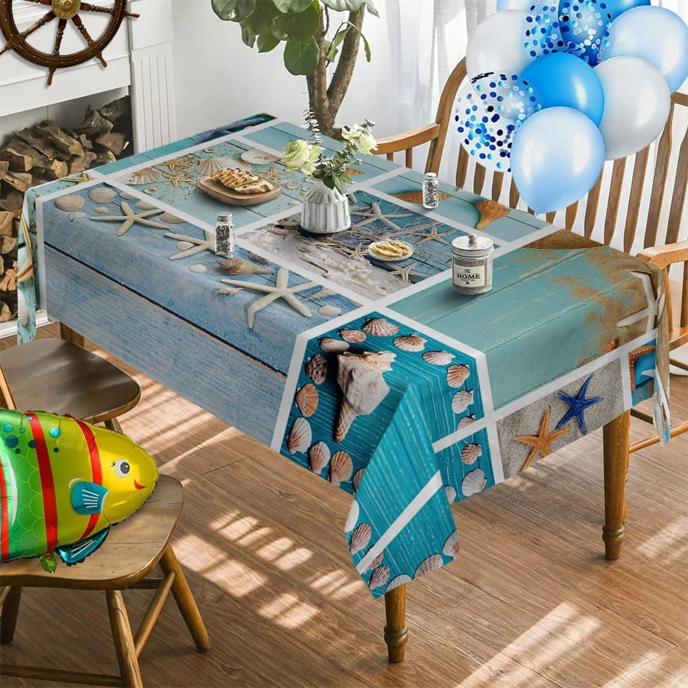 Uorbeay Rectangle Table Cloth Sea Shell and Starfish Sand on Blue Wood ...