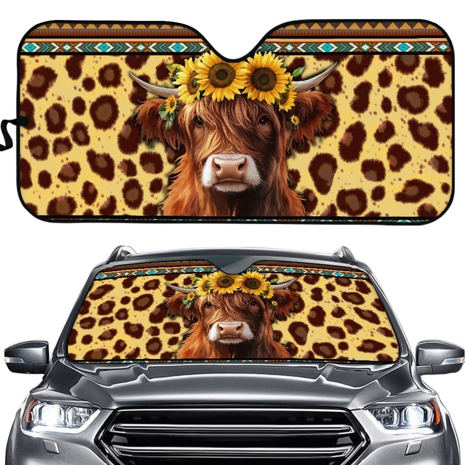 Uorisanigo Aztec Leopard Highland Cow Sunflower Sun Shade Car Easy to ...