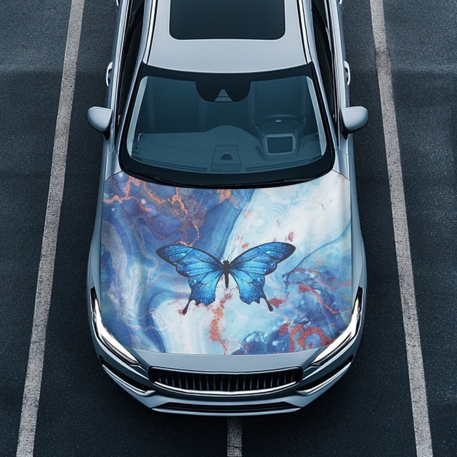 Uorisanigo Blue Butterfly Marble Car Hood Cover Polyester Fabric Hood ...