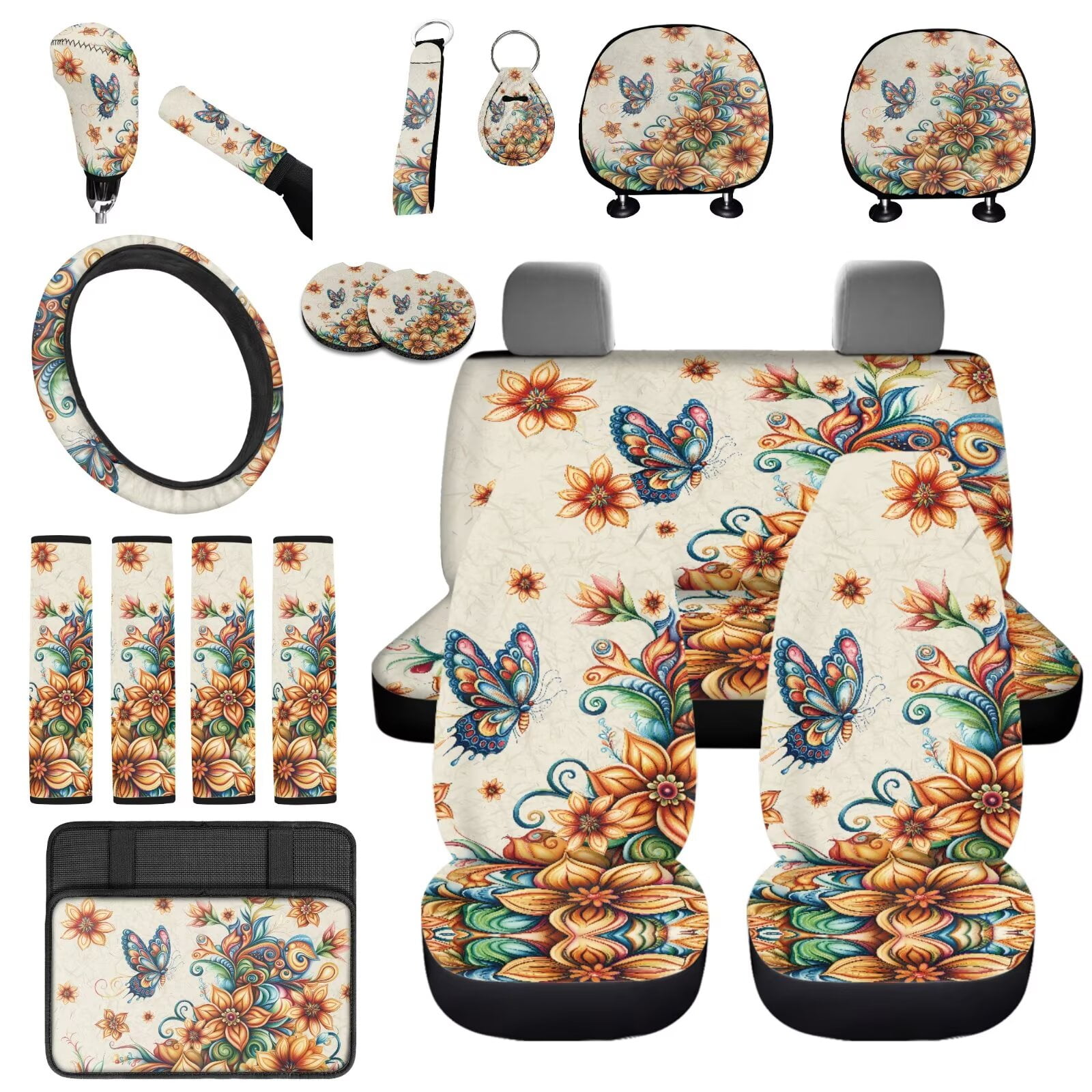 Uorisanigo Butterfly Boho Flower 18 Pcs Auto Accessories, Full Set Car ...
