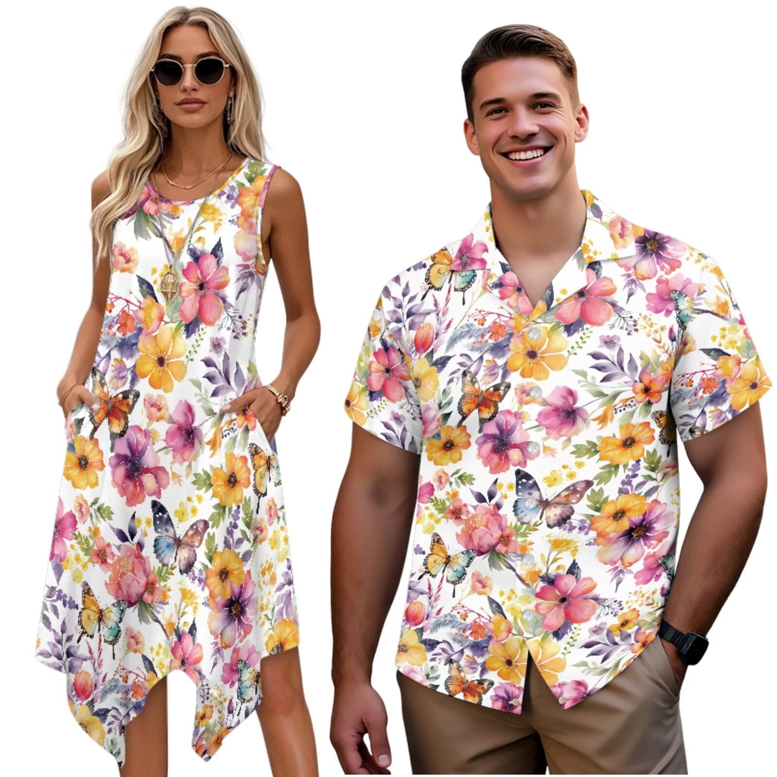Uorisanigo Butterfly Flower Matching Couple Outfits Men's Short Sleeve ...