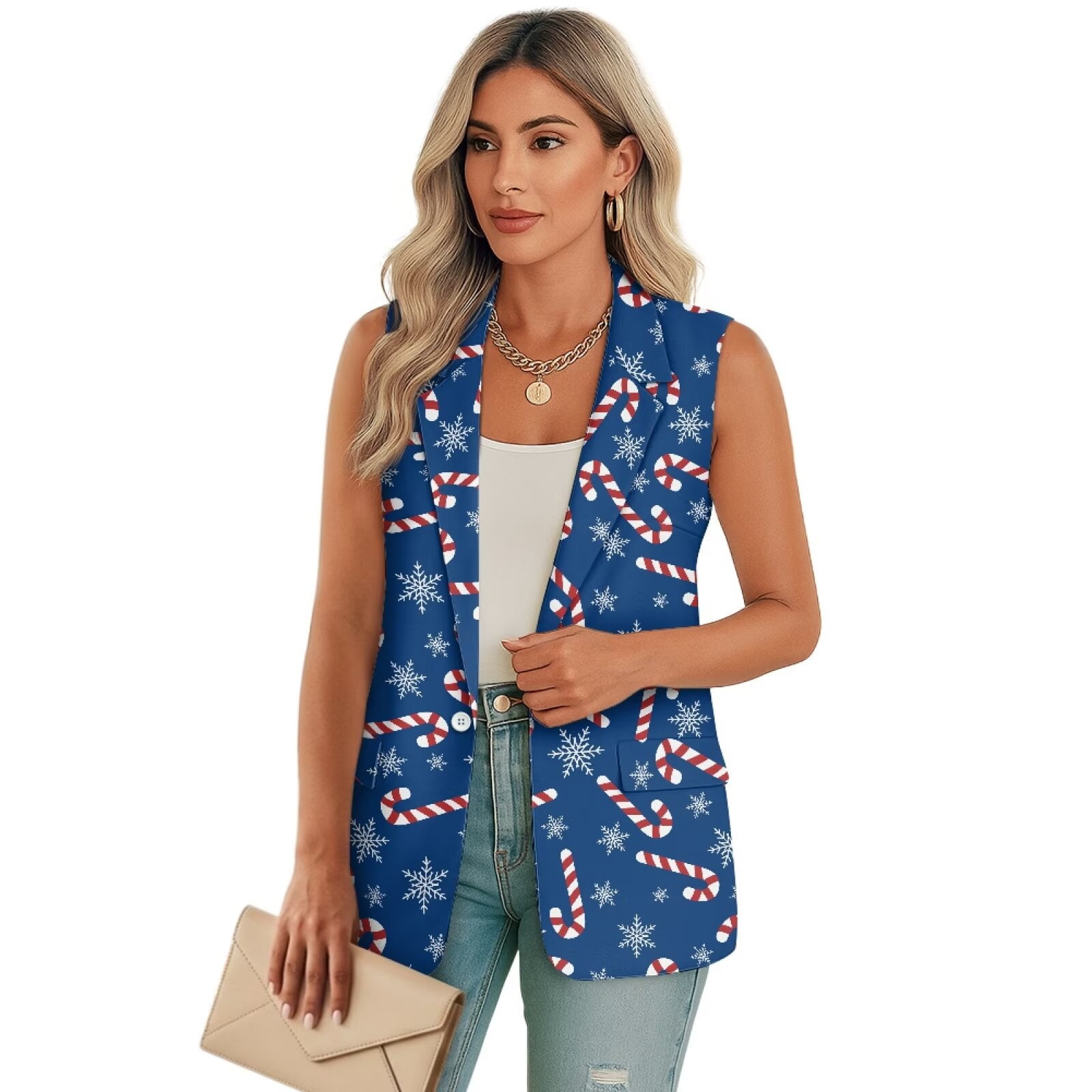 Uorisanigo Candy Cane Print Vests for Women Sleeveless Size XL Button ...
