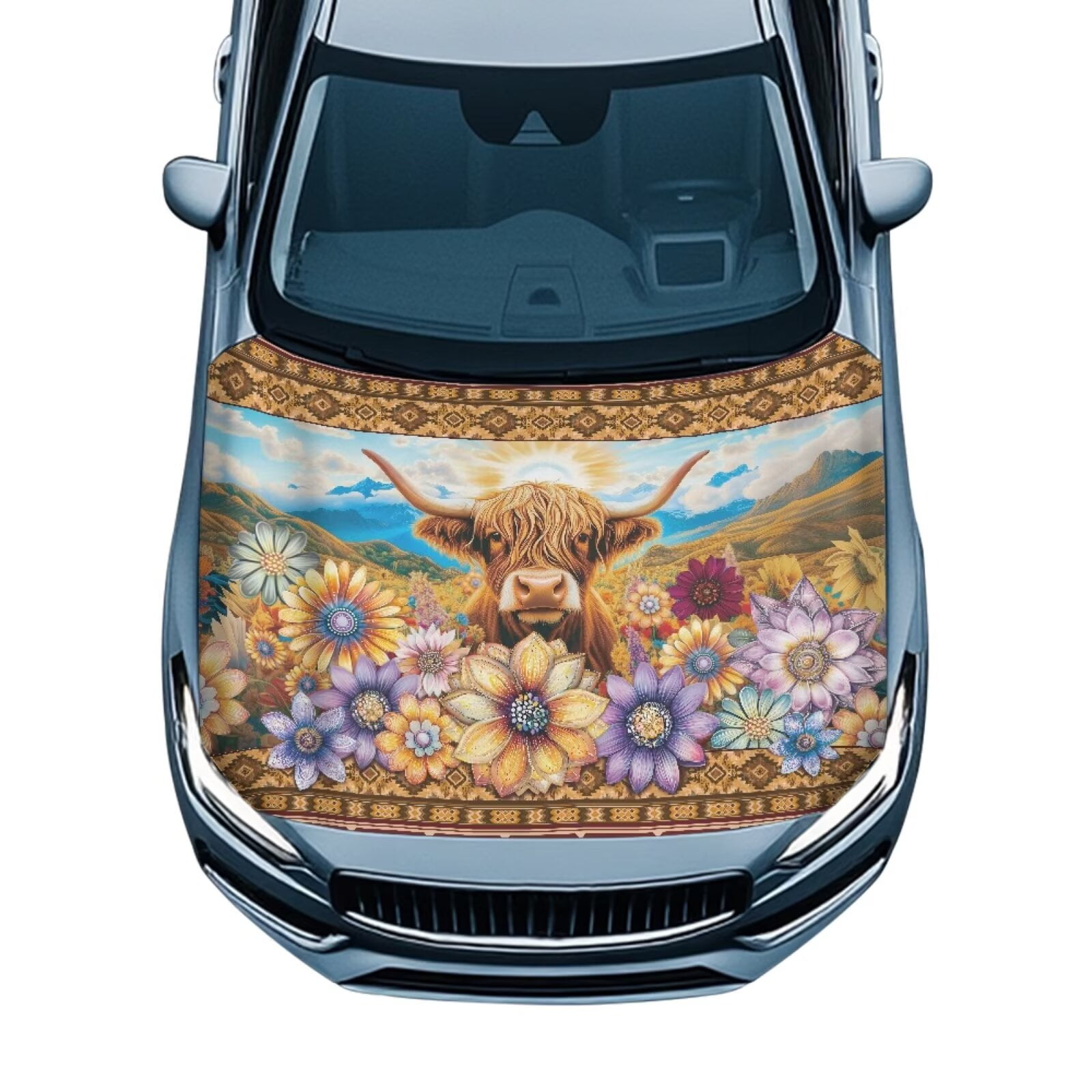 Uorisanigo Car Hood Cover Universal Floral Highland Cow Aztec Car Hood ...