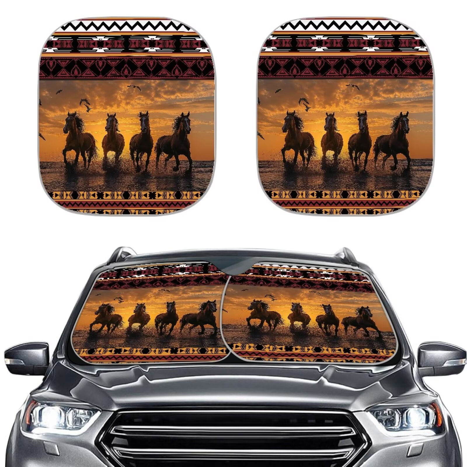 Uorisanigo Car Sun Shade Southwestern Aztec Tribal Horse Easy to Store ...