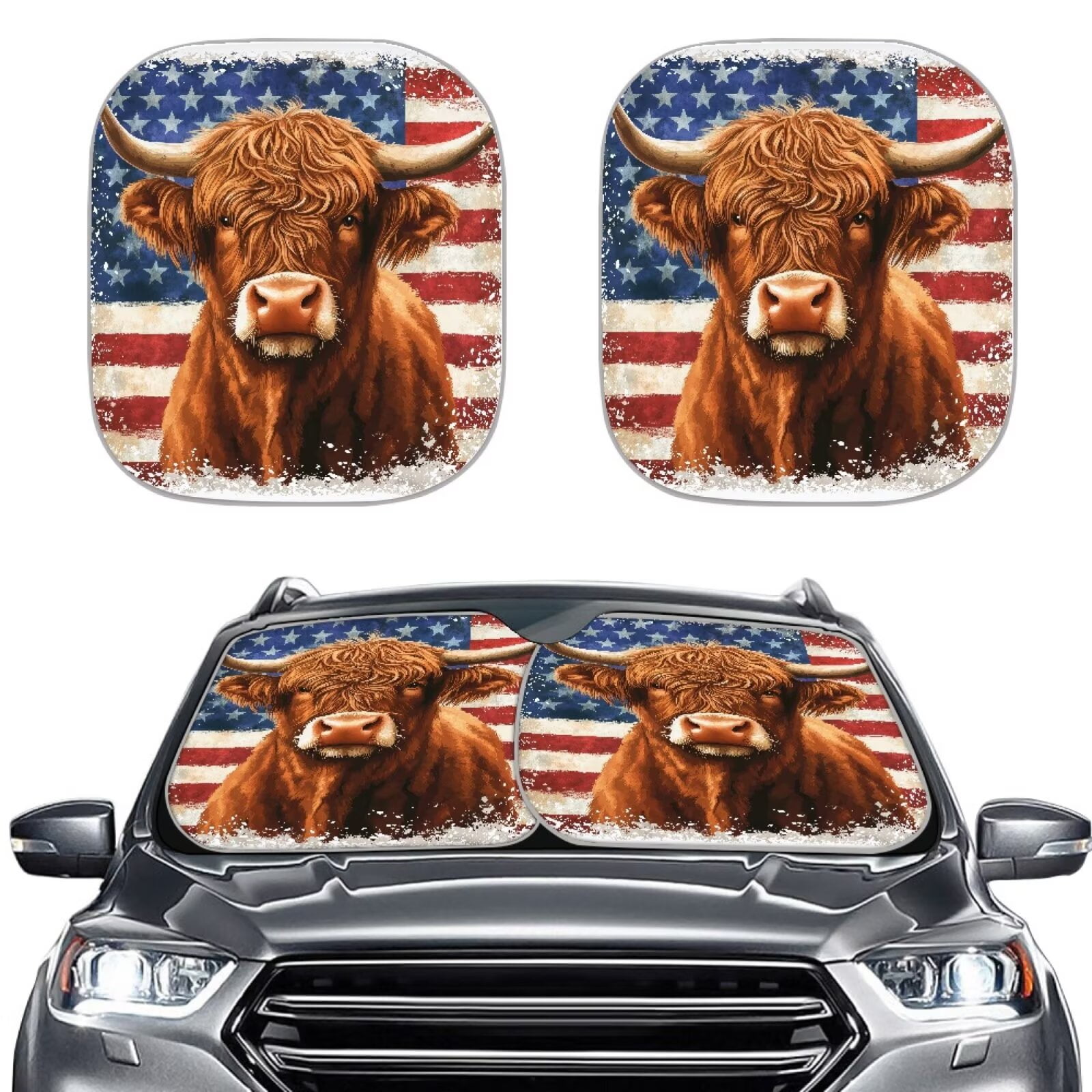 Uorisanigo Car Sun Shade Windshield 2 Packs American Flag Highland Cow ...