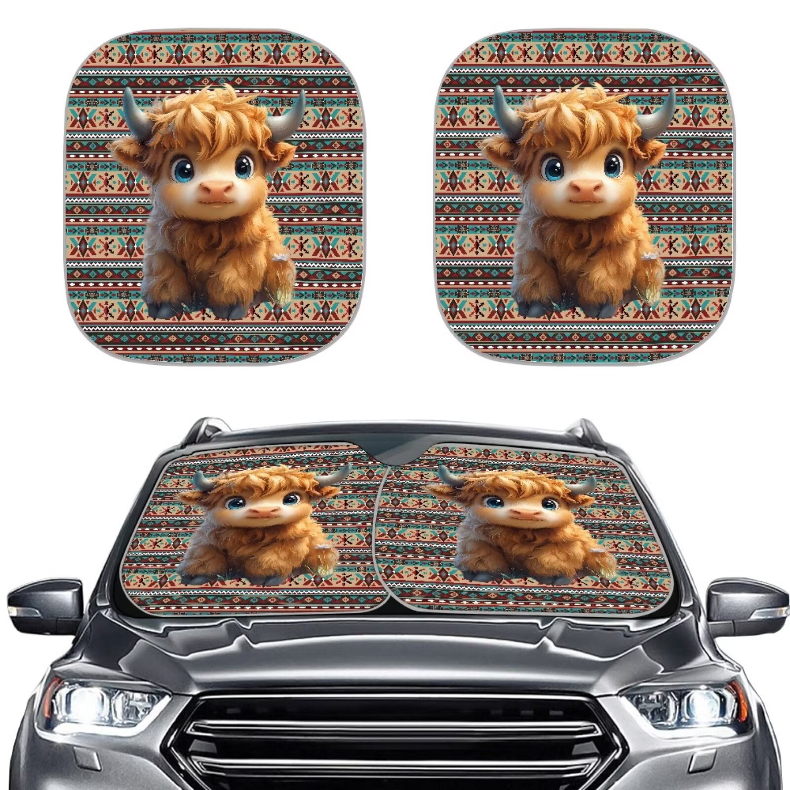 Uorisanigo Car Sunshade Southwestern Aztec Tribal Cute Highland Cow 2 ...