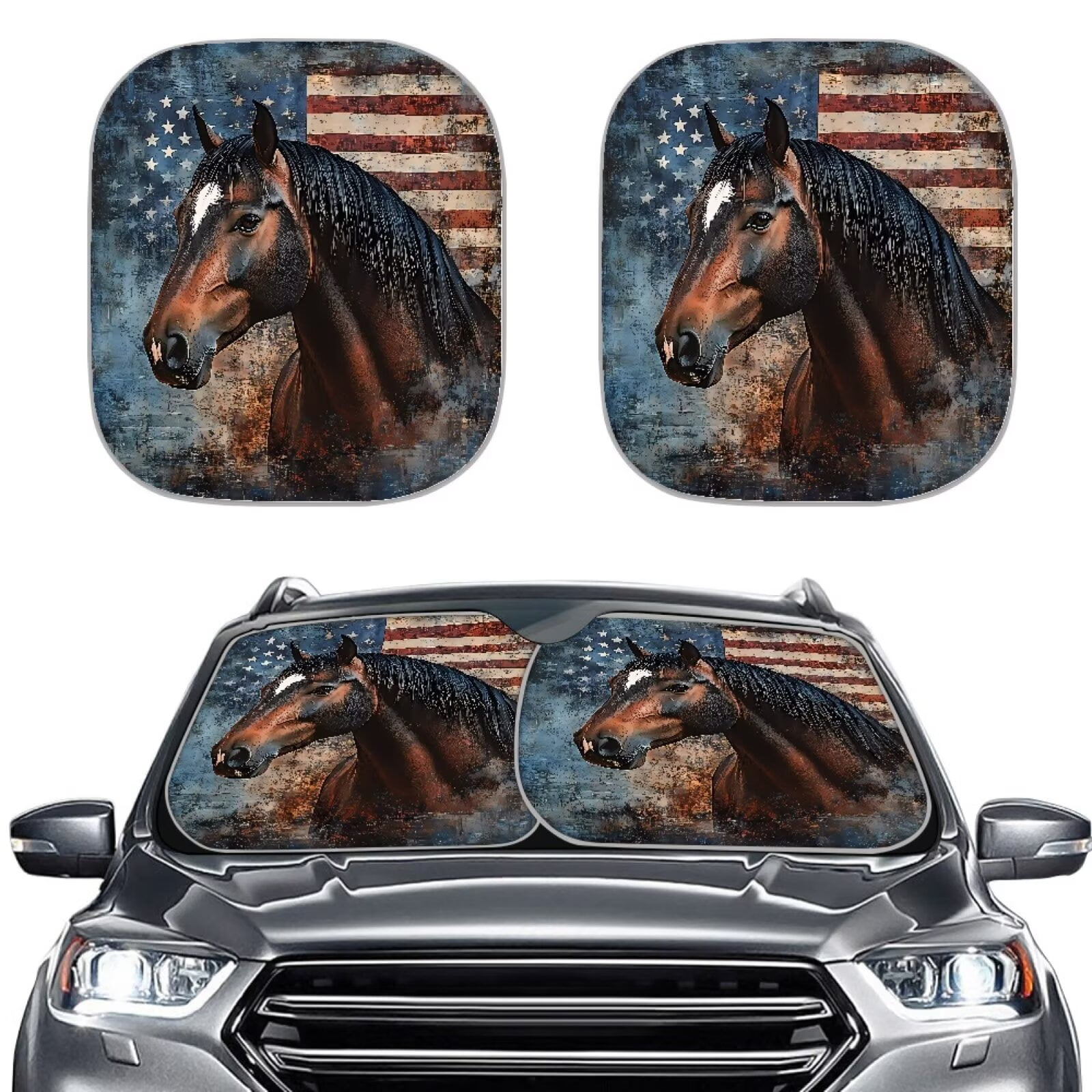 Uorisanigo Car Sunshade 2 PCS Western Horse American Flag Anti-UV Car ...