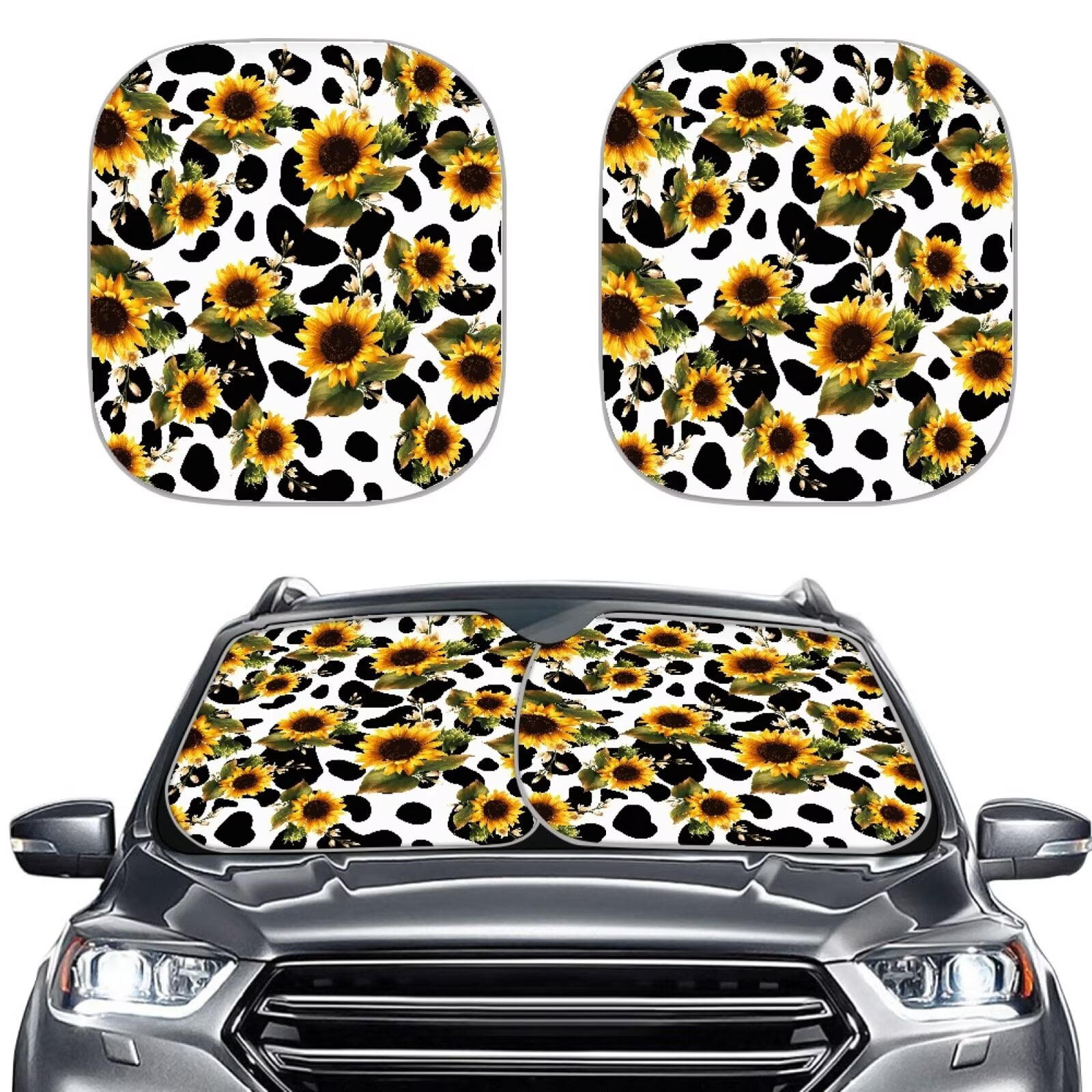 Uorisanigo Cow Print Sunflower Car Sun Shade 2 Piece Heat-Resistant ...