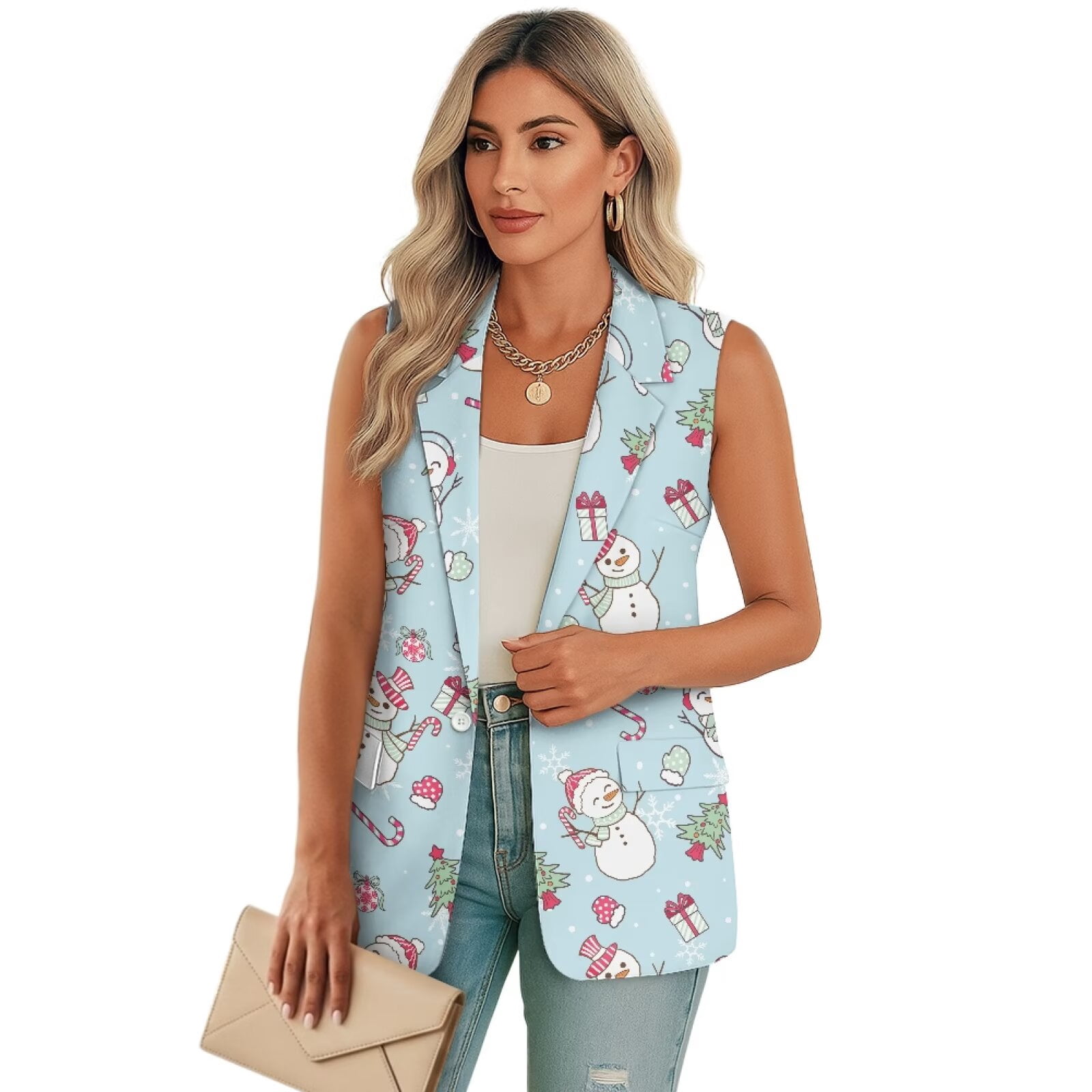 Uorisanigo Cute Snowman Christmas Women's Long Vest Jacket Open Front ...