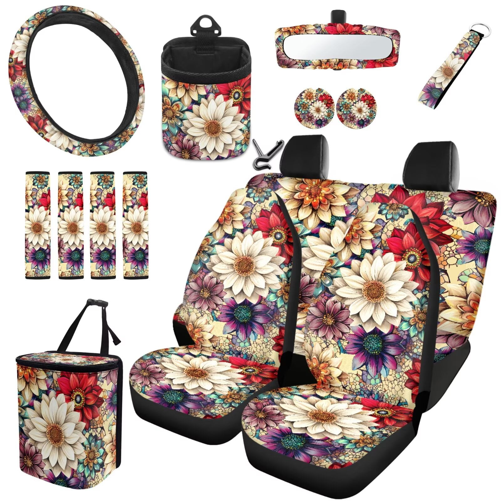 Uorisanigo Dahlia Print Auto Accessories Set 15 PCS Includes Front and ...