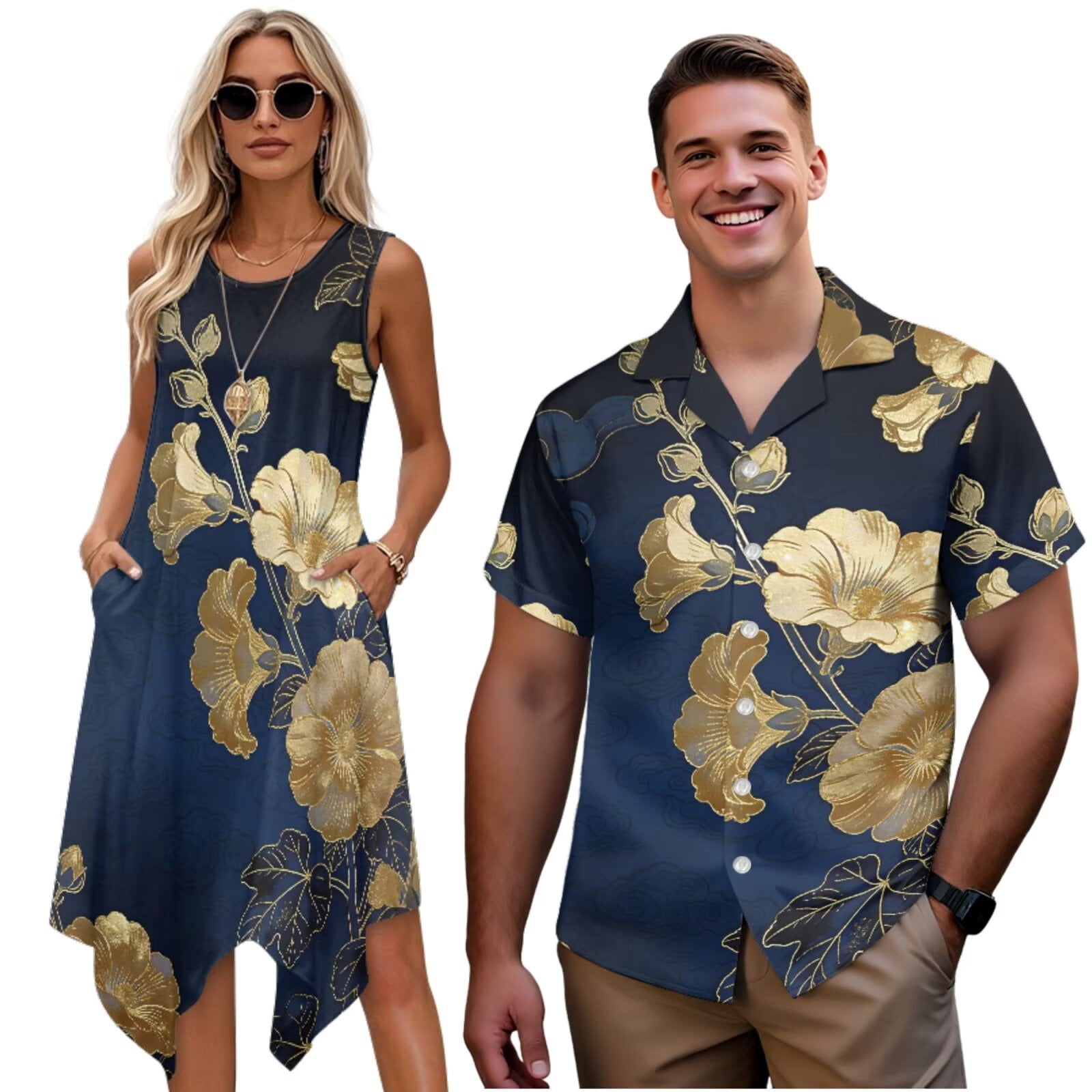 Uorisanigo Golden Flower Matching Couple Outfits Men's Button Up Shirt ...