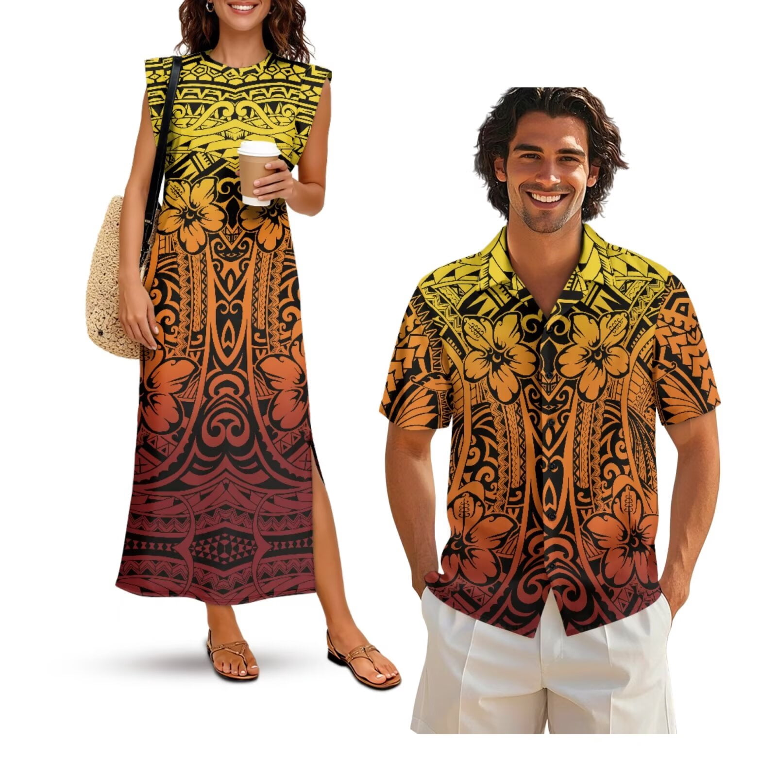 Uorisanigo Golden Polynesian Matching Couple Outfits Short Sleeve Shirt ...