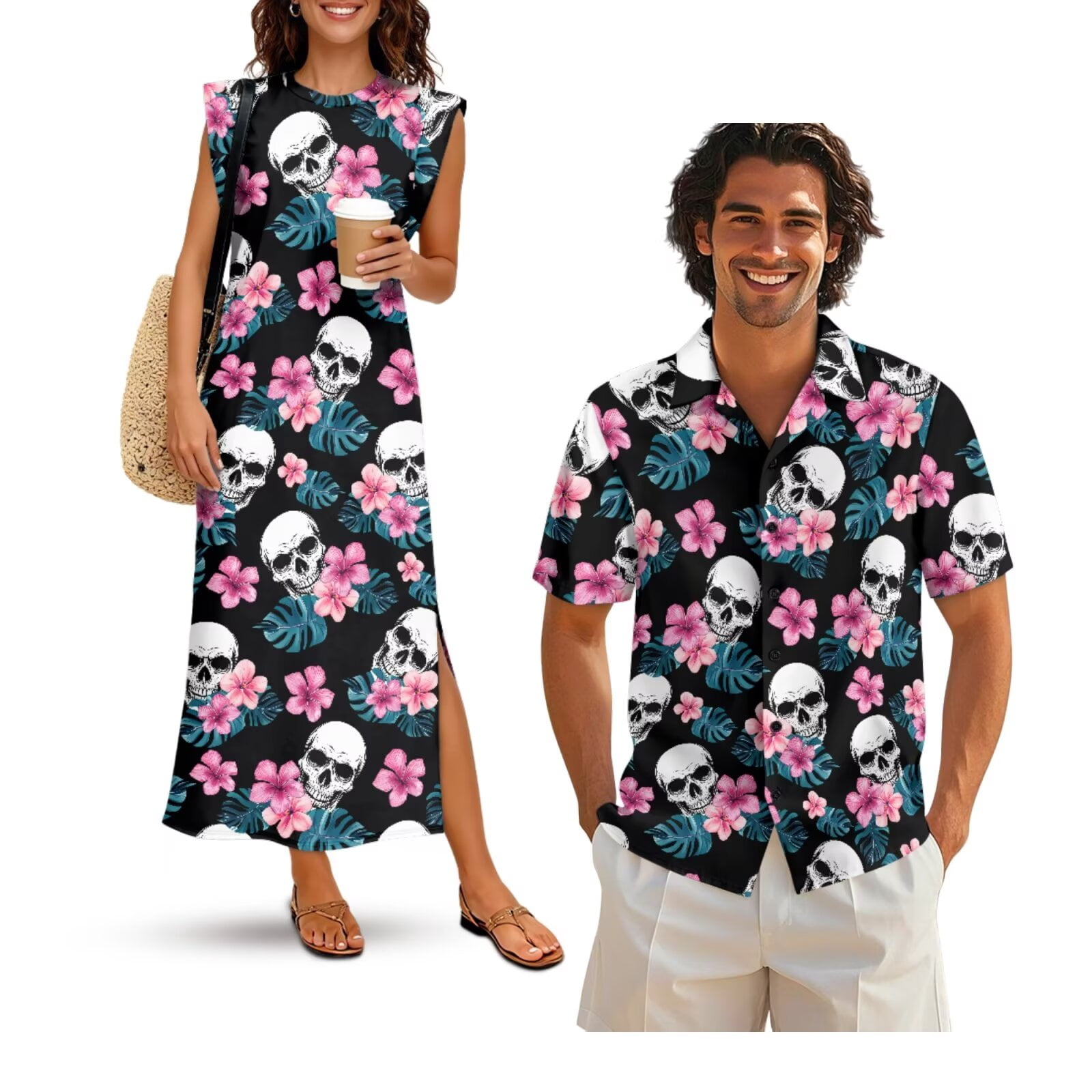 Uorisanigo Hawaii Skull Couple Matching Outfit Men's Short Sleeve Shirt ...