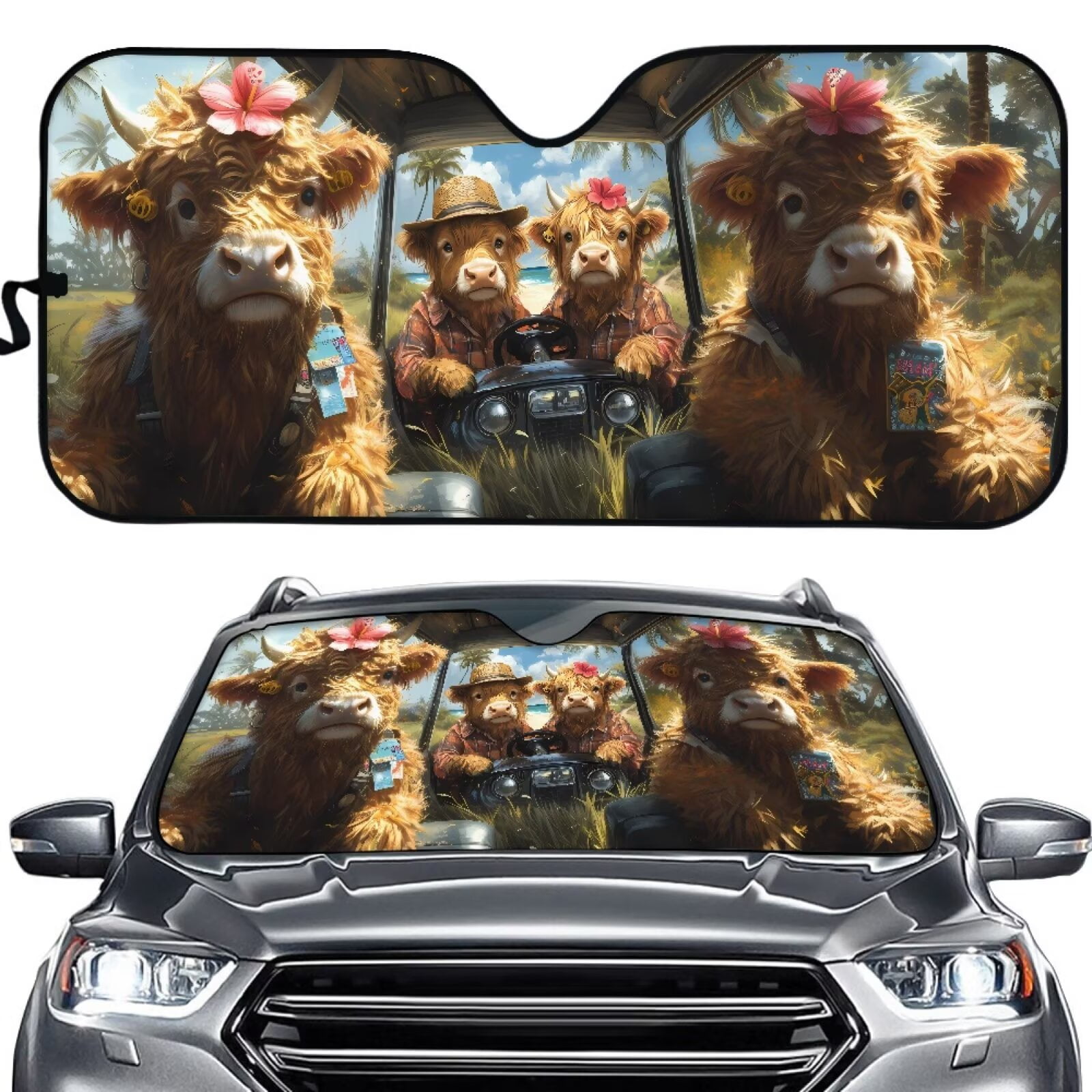 Uorisanigo Hawaiian Highland Cow Family Driving Print Sun Shade for Car ...
