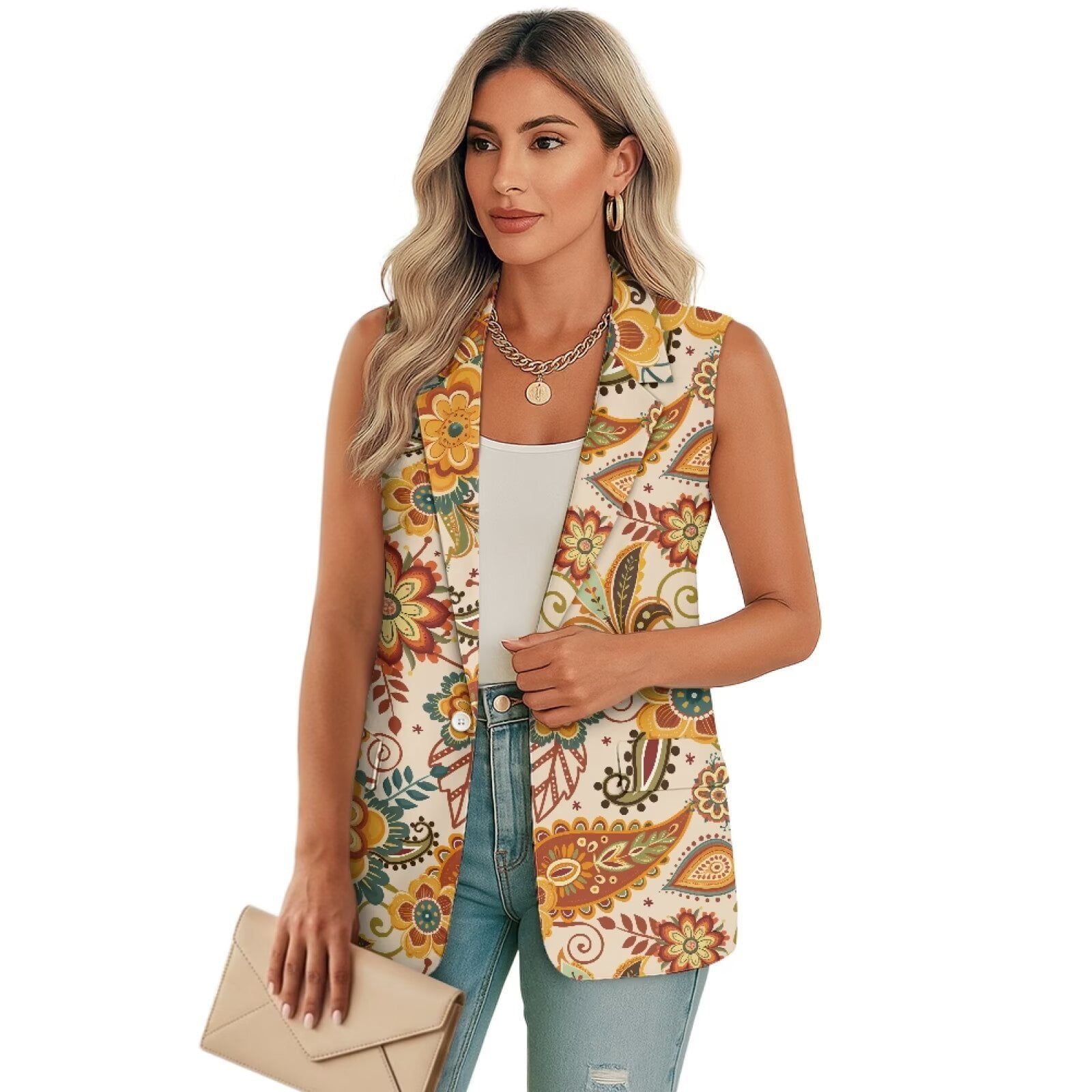 Uorisanigo Hippie Flower Women's Vest Suit with Pockets Open Front ...