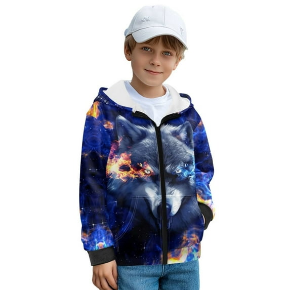 Uorisanigo Hoodies Kids Full Zip Hooded Sweatshirt Blue Fire Wolf ...