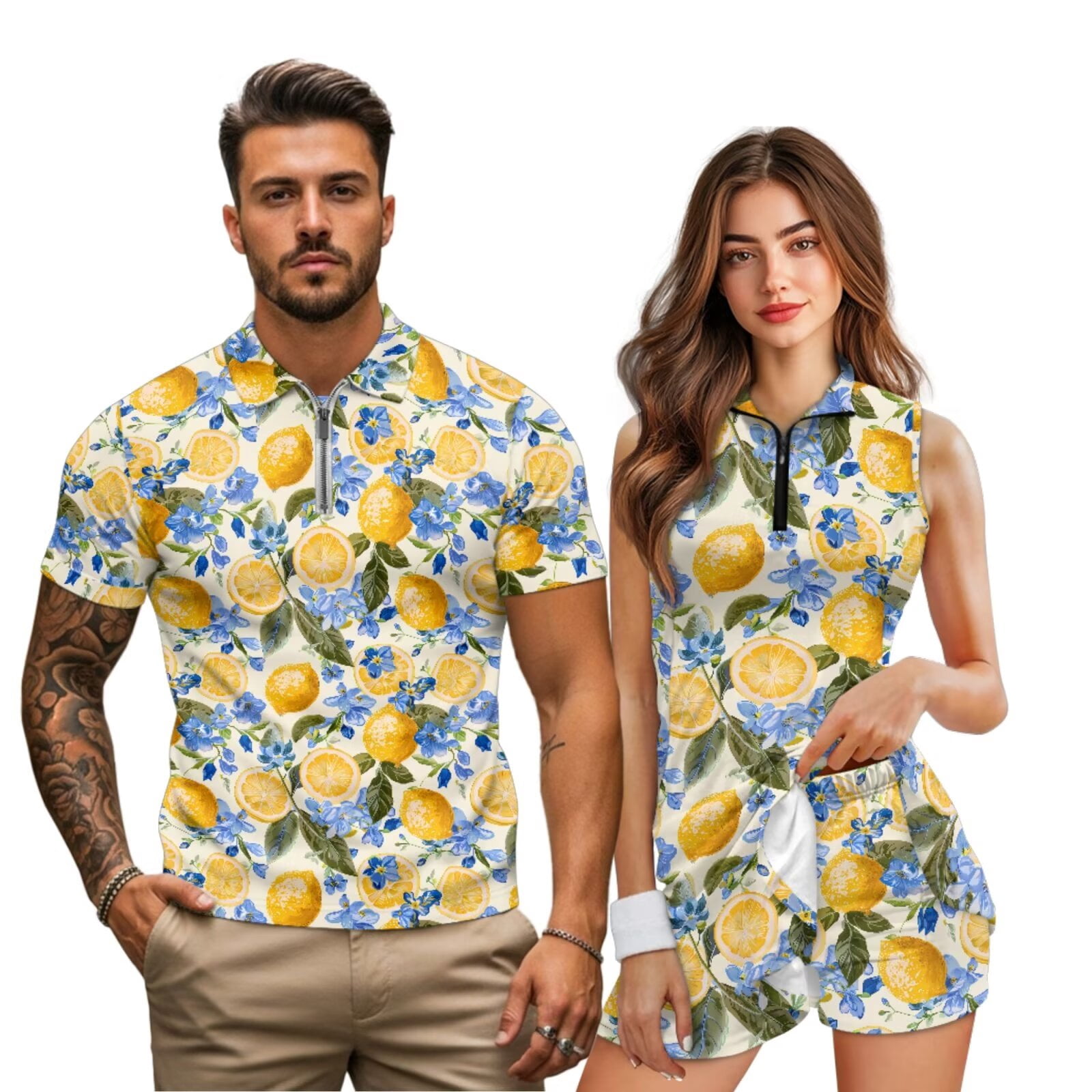 Uorisanigo Lemon Matching Couple Outfits Men Zipper Shirt Short Sleeve ...