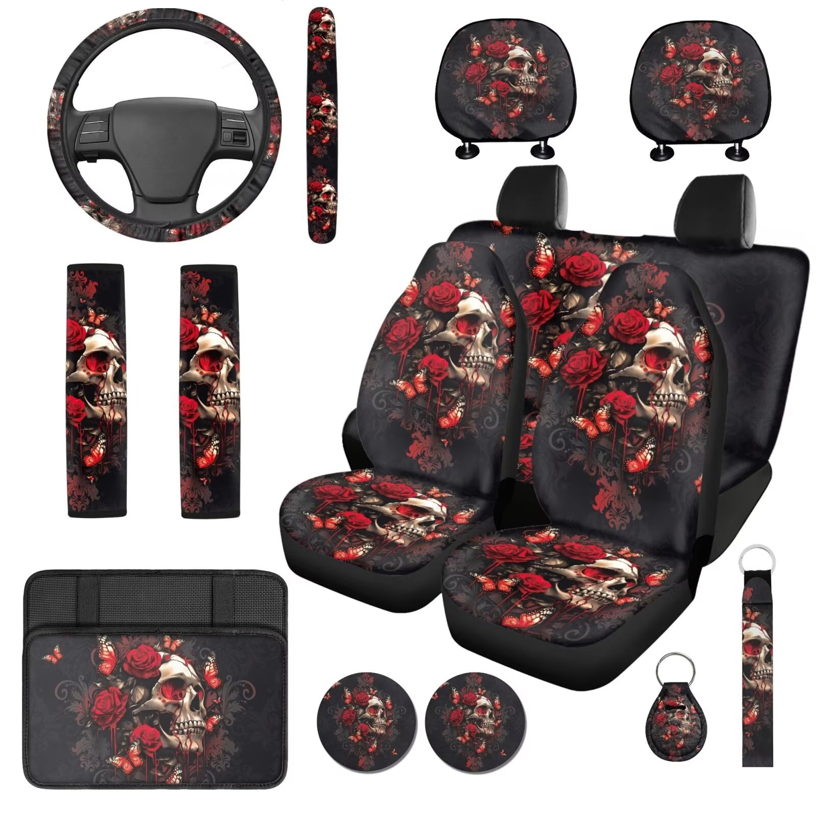 Uorisanigo Skull Red Roses Car Accessories Set 14 Pcs with Comfortable ...