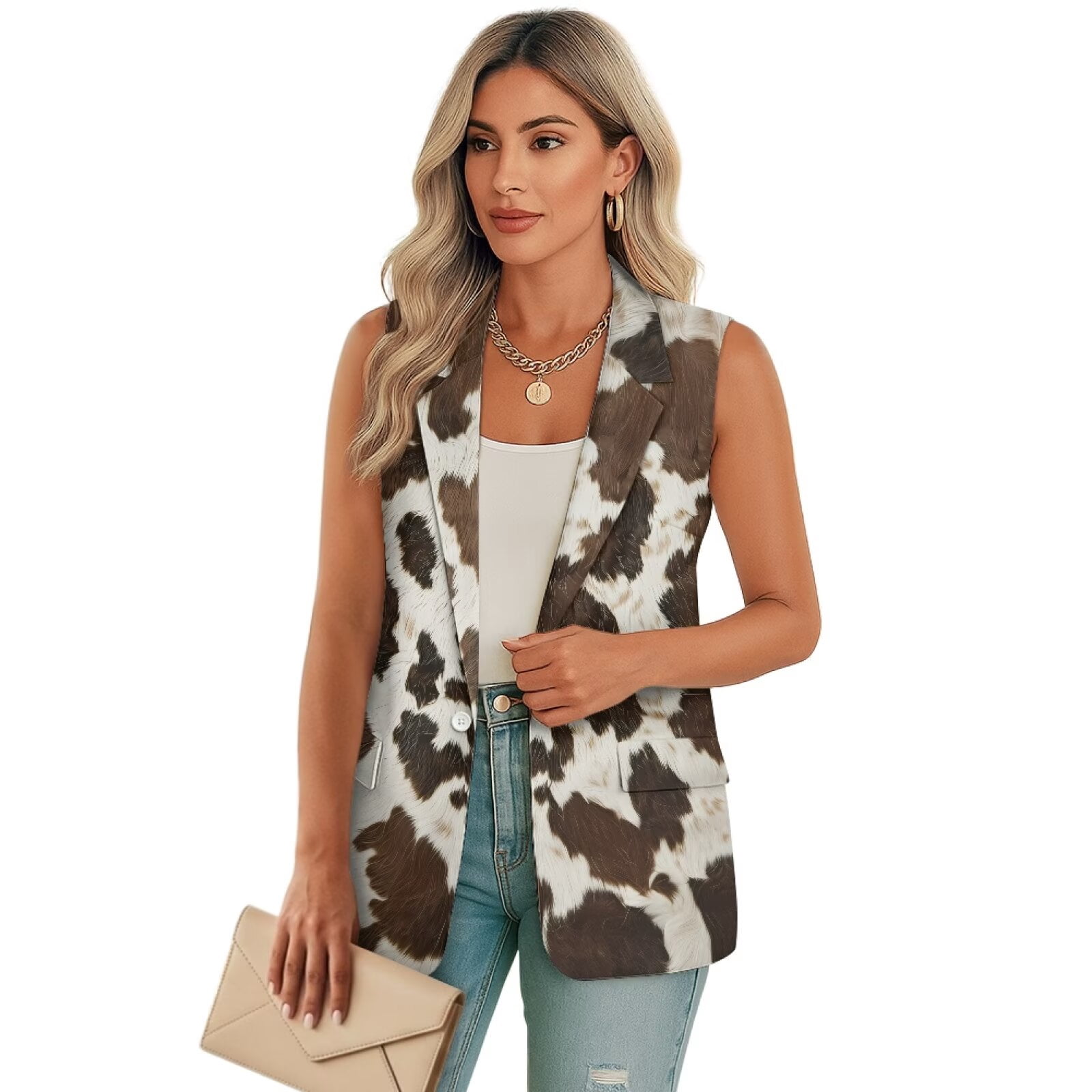 Uorisanigo Western Cow Print Vests for Women Sleevless Loose Blazer ...
