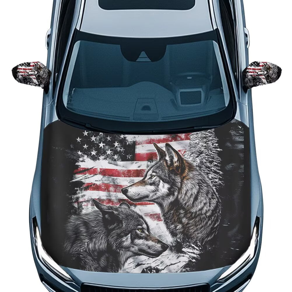 Uorisanigo Wolf United States Flag Car Hood Cover and Car Mirror ...