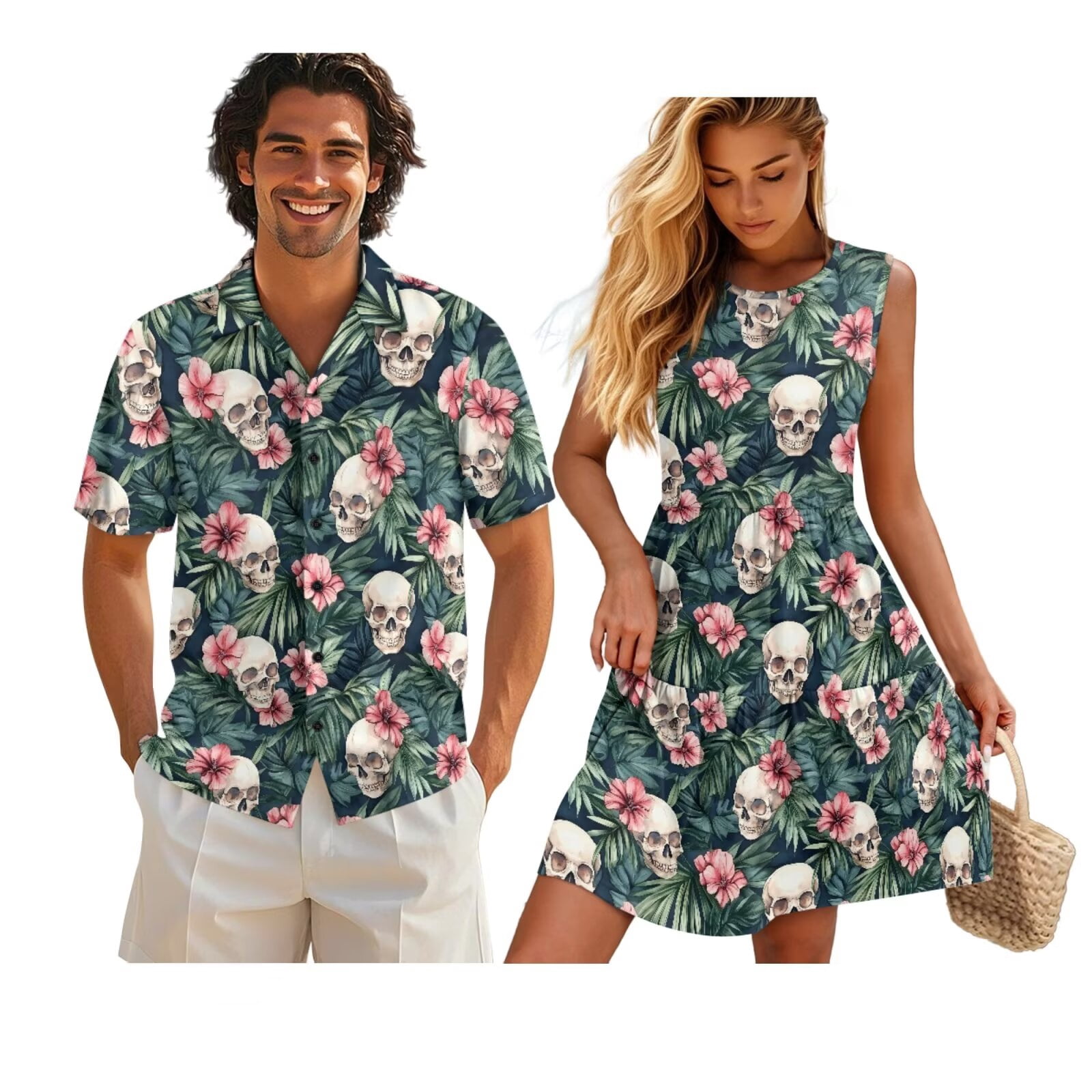 UorisanigoHawaii Skull Matching Couple Outfits Short Sleeve Shirt for ...