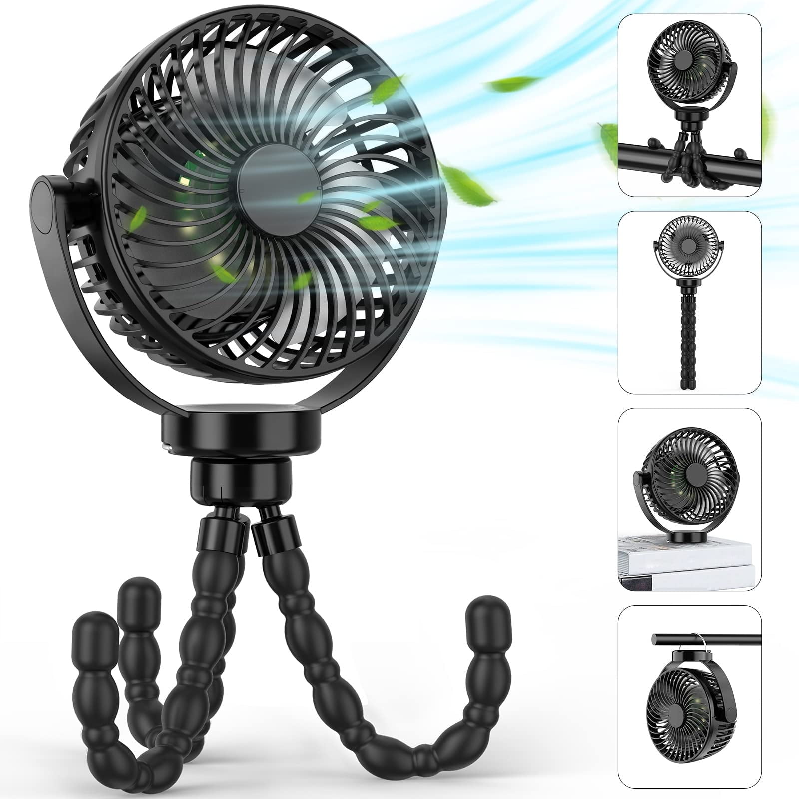 Uoune 4" Portable Baby Stroller Fan USB Rechargeable Clip Tripod Fan ...