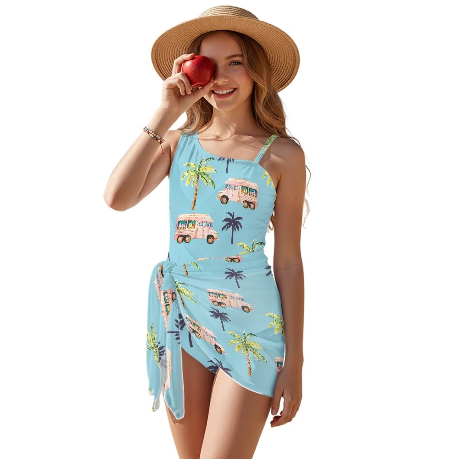 Uourmeti Camping Van Coconut Pattern Girls' Swimsuit Summer Girls One ...