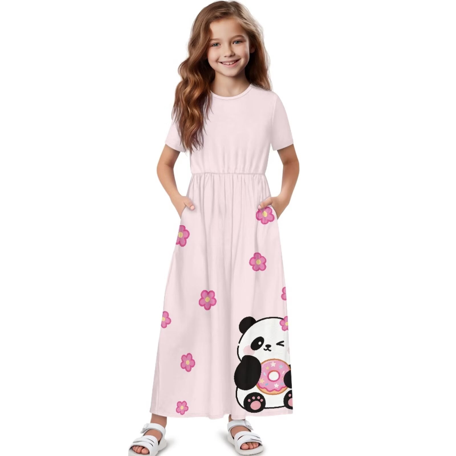 Uourmeti Cartoon Panda Donut Print Girls Summer Maxi Dress Tween Cute ...