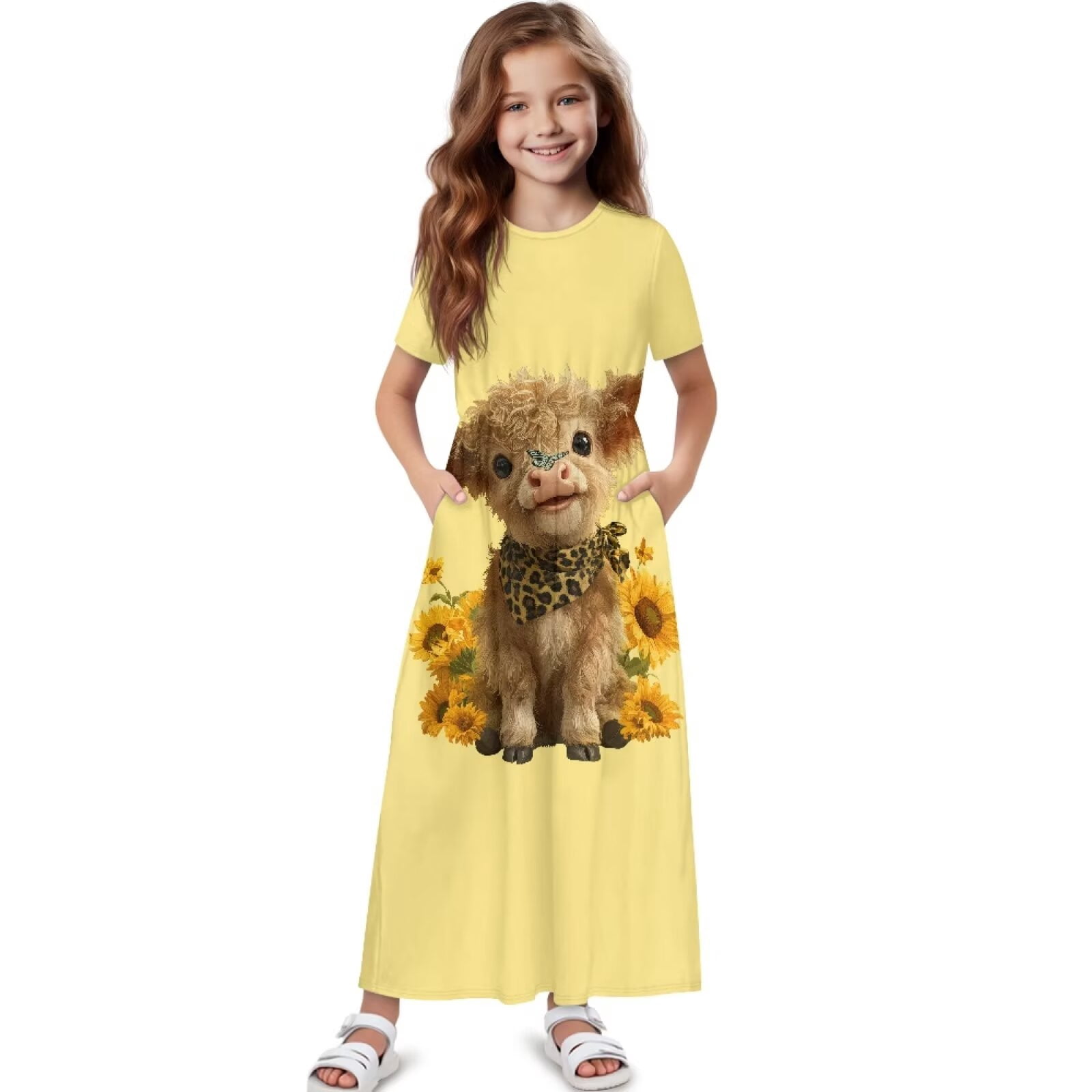 Uourmeti Cute Highland Cow Print Girls Maxi Summer Dress with Pocket ...