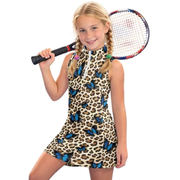 Uourmeti Girls Tennis Dress Butterfly Leopard Print 1/4 Zip Sleeveless ...
