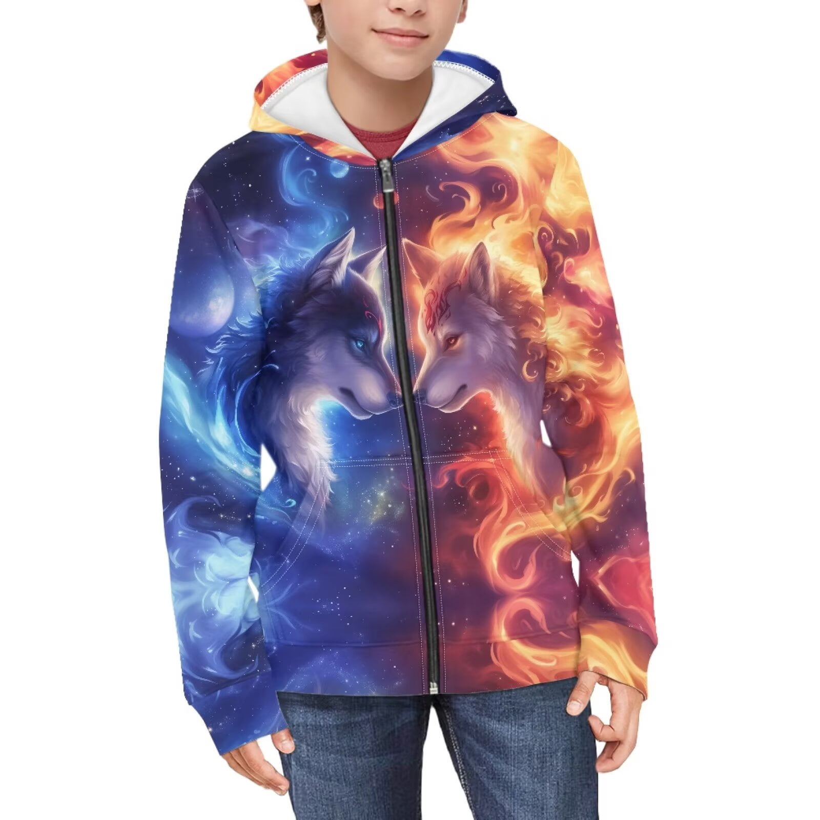 Uourmeti Ice Fire Flame Wolf Youth Athletic Top Zip Up Hoodie Long ...