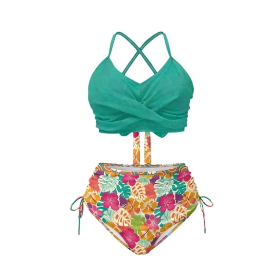 Uourmeti Monstera Hibiscus Green Two Piece Bikini Halter Swimsuit High ...
